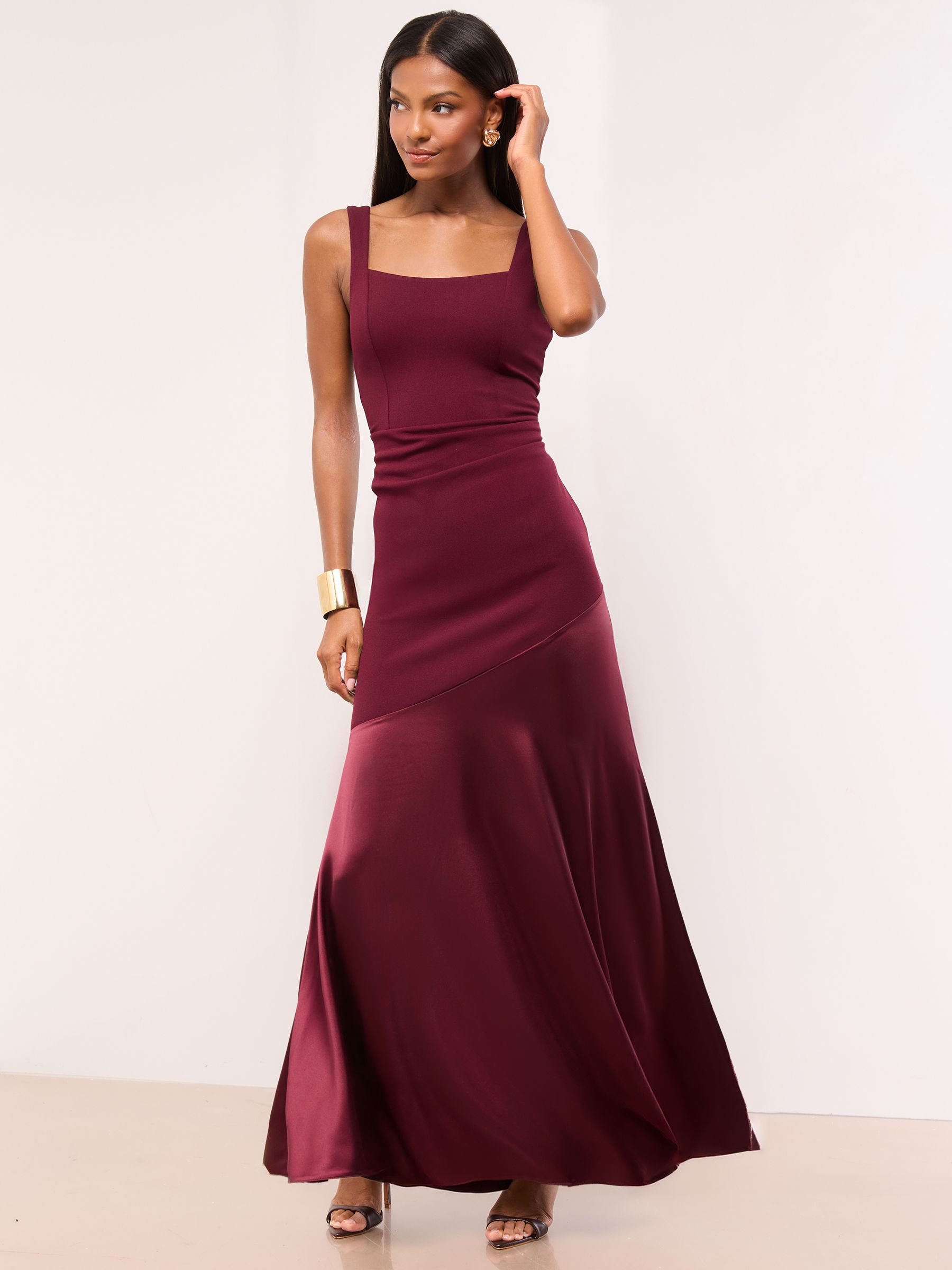 Buy Lipsy Burgundy Red Satin Mix Structured Fishtail Bridesmaid Maxi ...