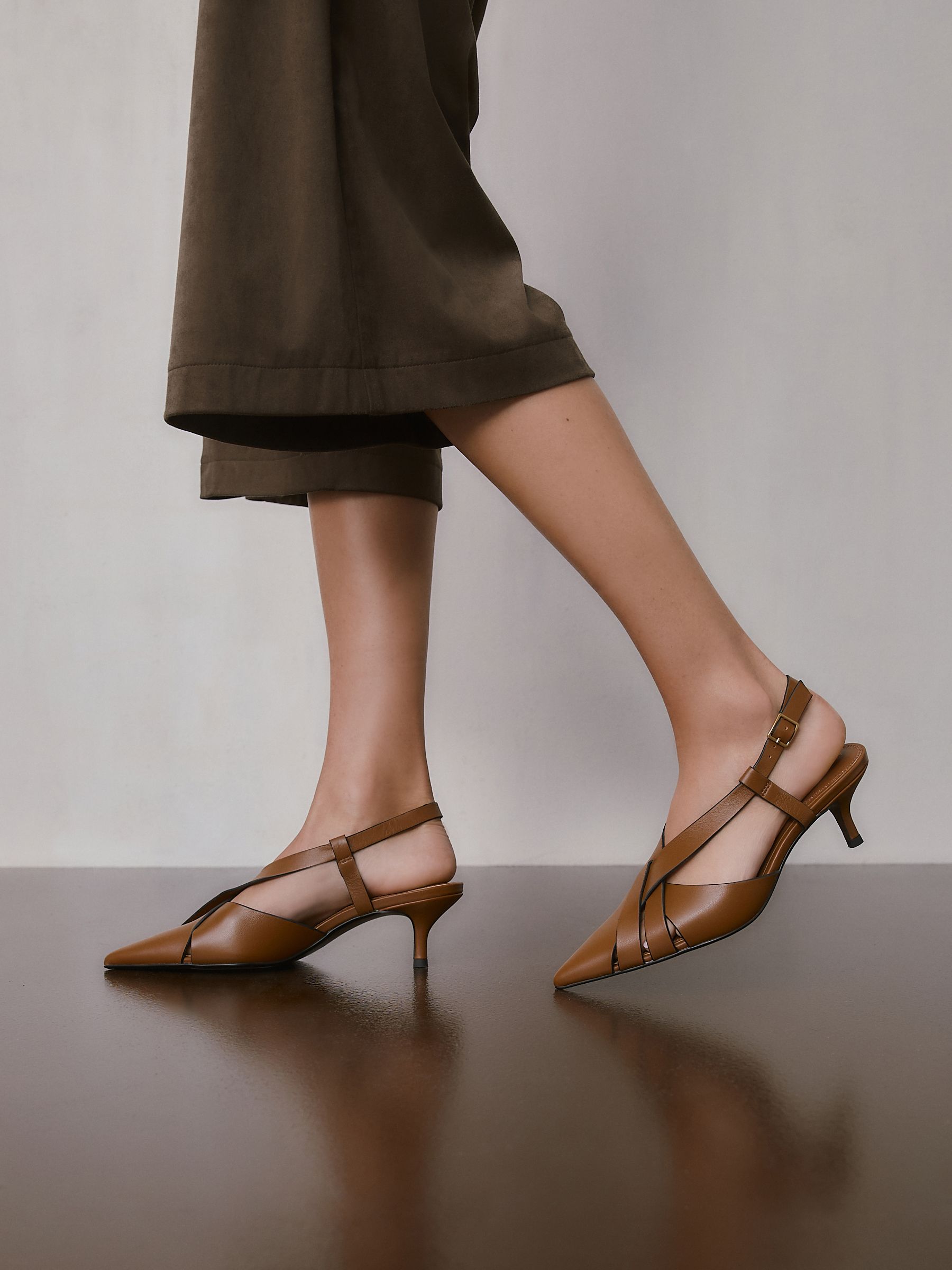 Buy Tan Brown Forever Comfort® Leather Weave Point Toe Slingback Heels ...
