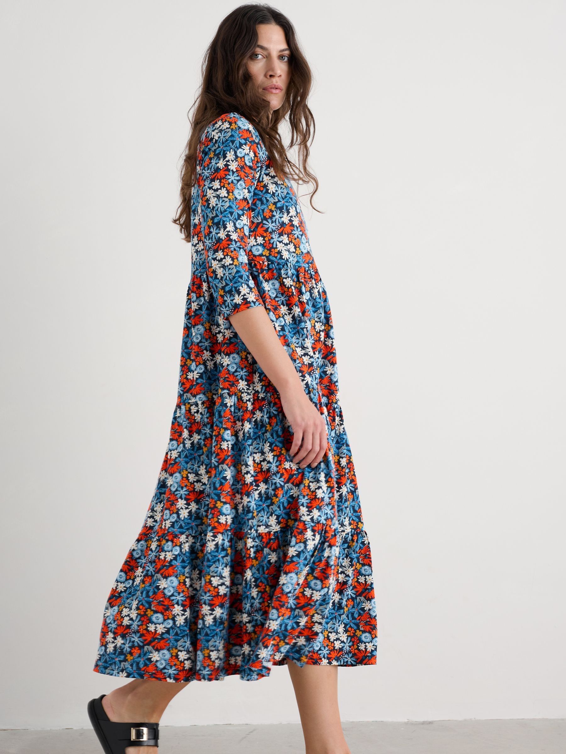 Buy Seasalt Cornwall Blue Line Strokes Tiered Dress in Cotton Jersey ...