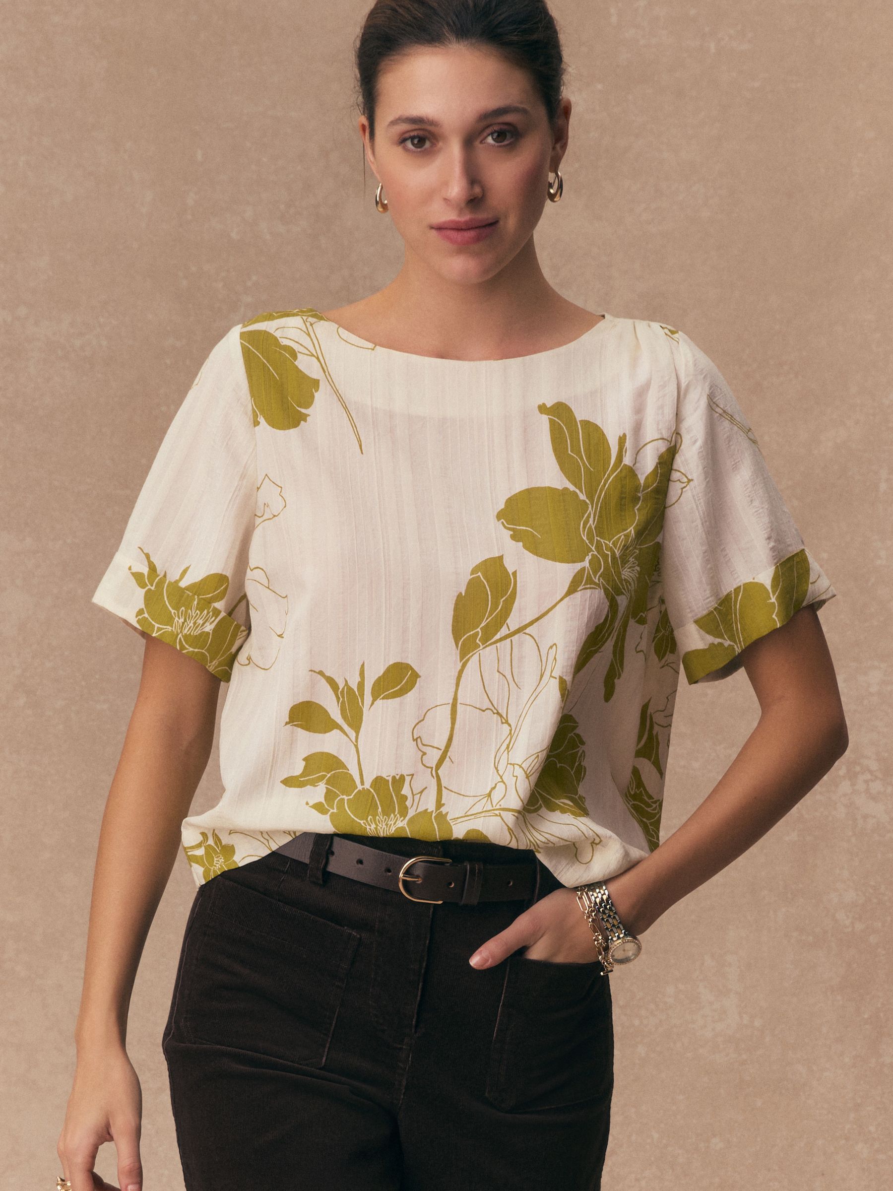 Buy Ecru/Yellow Floral Print Short Sleeve Boxy Top from Next New Zealand