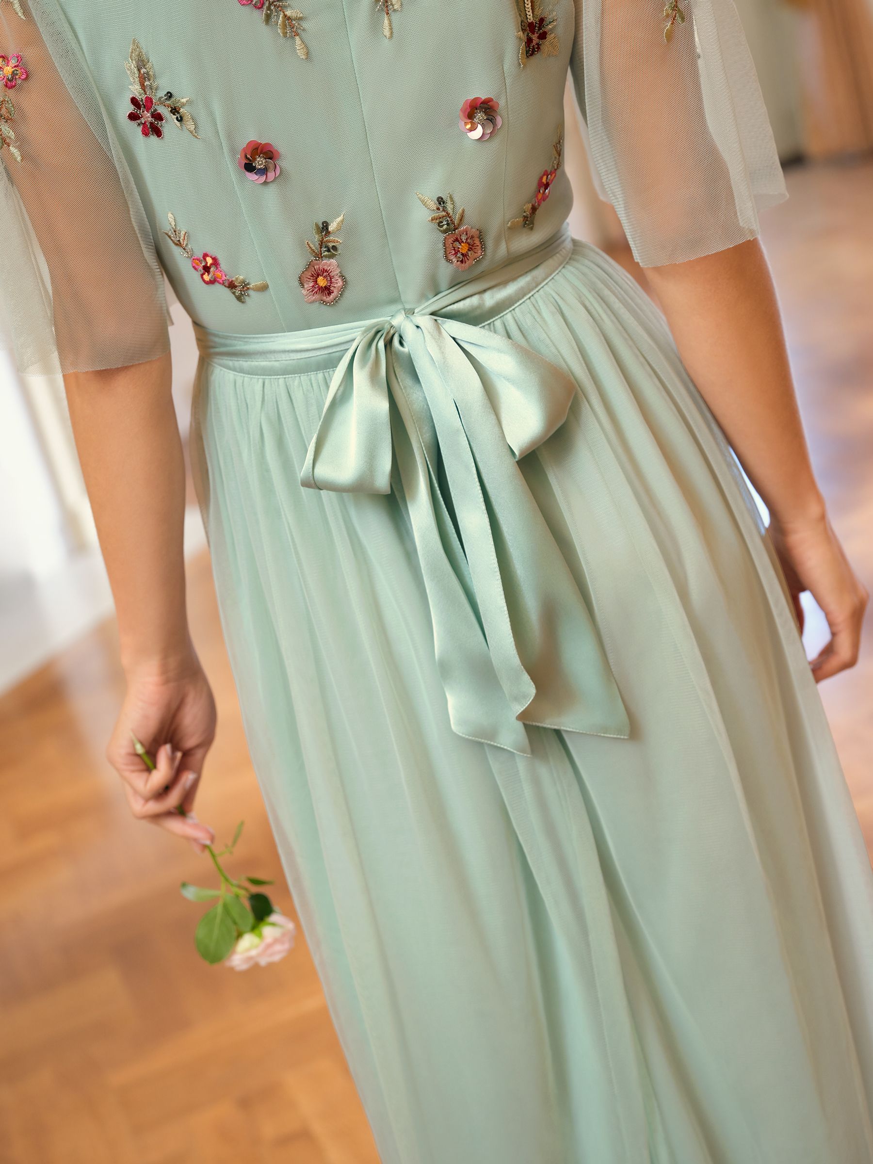 Buy Love & Roses Mint Green Embroidered Angel Sleeve Maxi Dress from ...