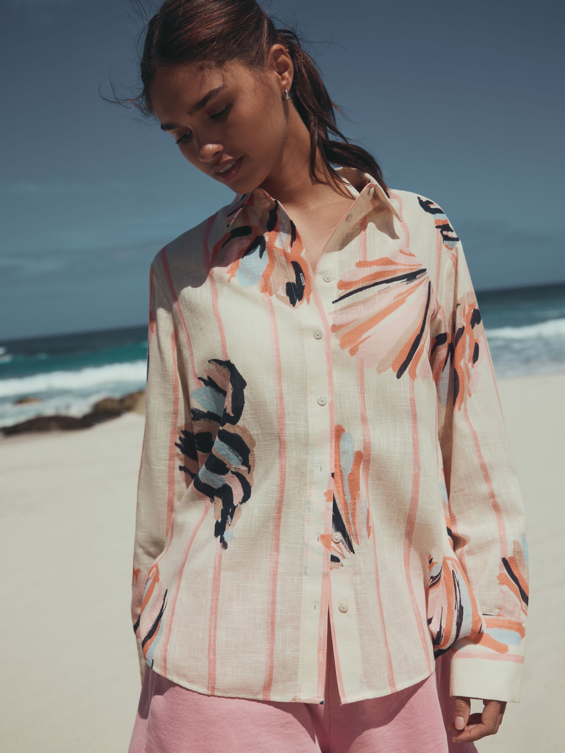 Buy Pink/Cream Shell Print Relaxed Long Sleeve Shirt With Linen from ...