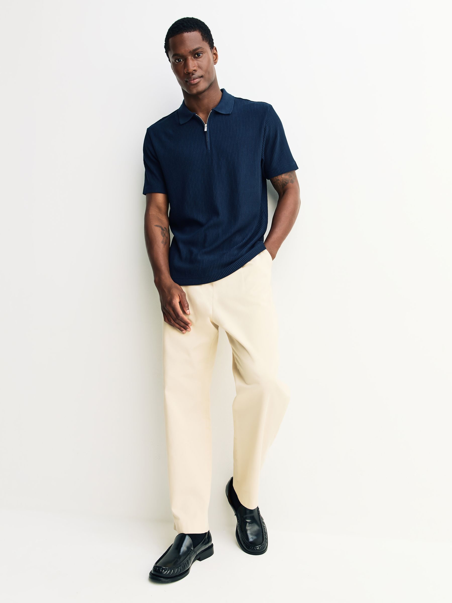 Buy Navy Blue Textured Smart Zip Neck Polo Shirt from Next Kenya
