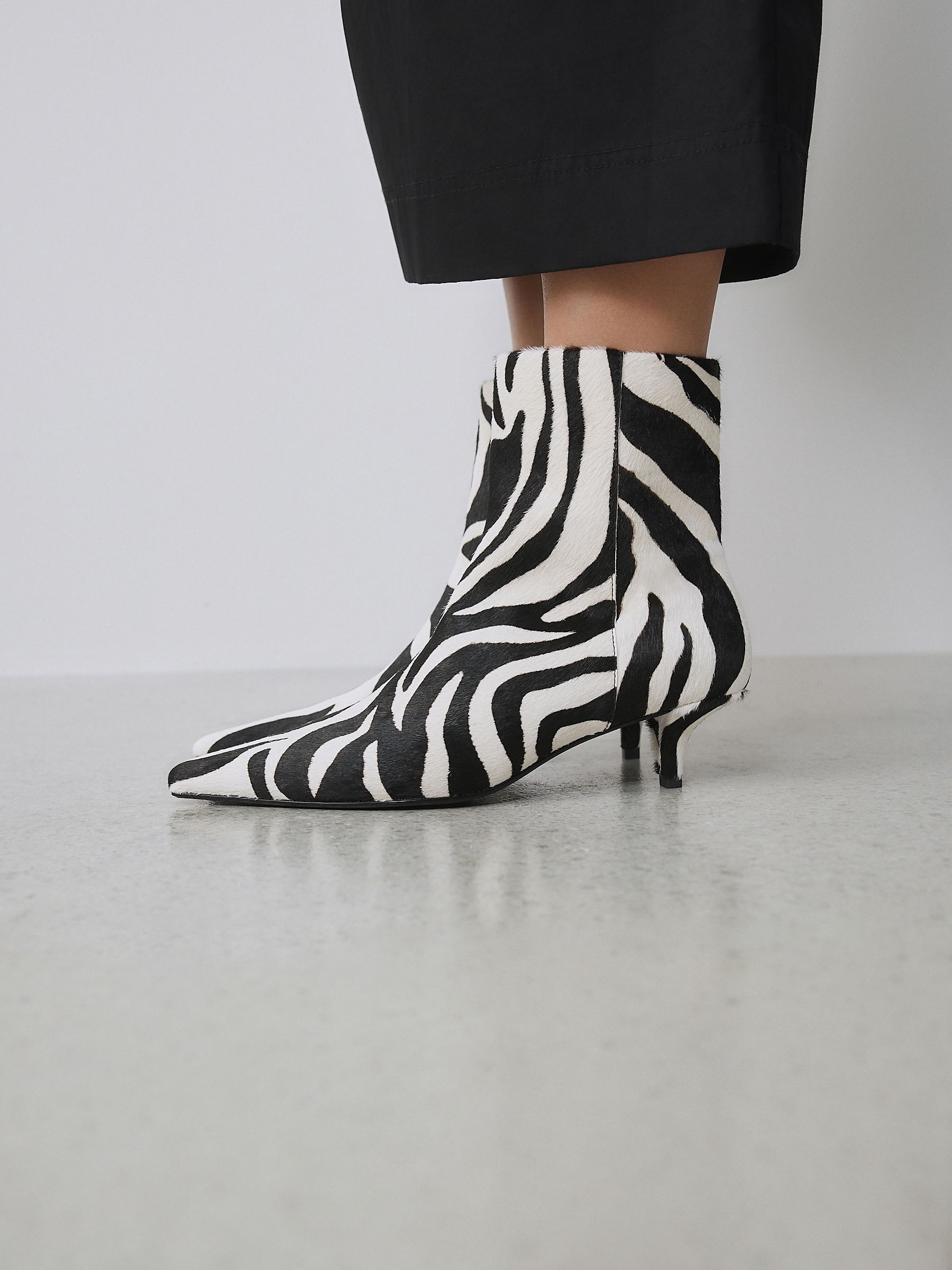 Buy Zebra Print Leather Forever Comfort® Almond Toe Heeled Ankle Boots ...
