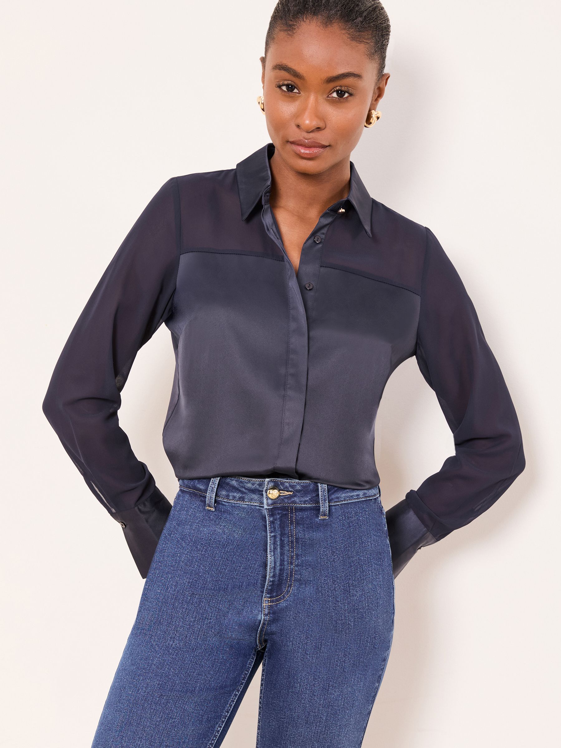 Buy Lipsy Navy Blue Long Sleeve Satin Chiffon Mix Shirt from Next Ireland