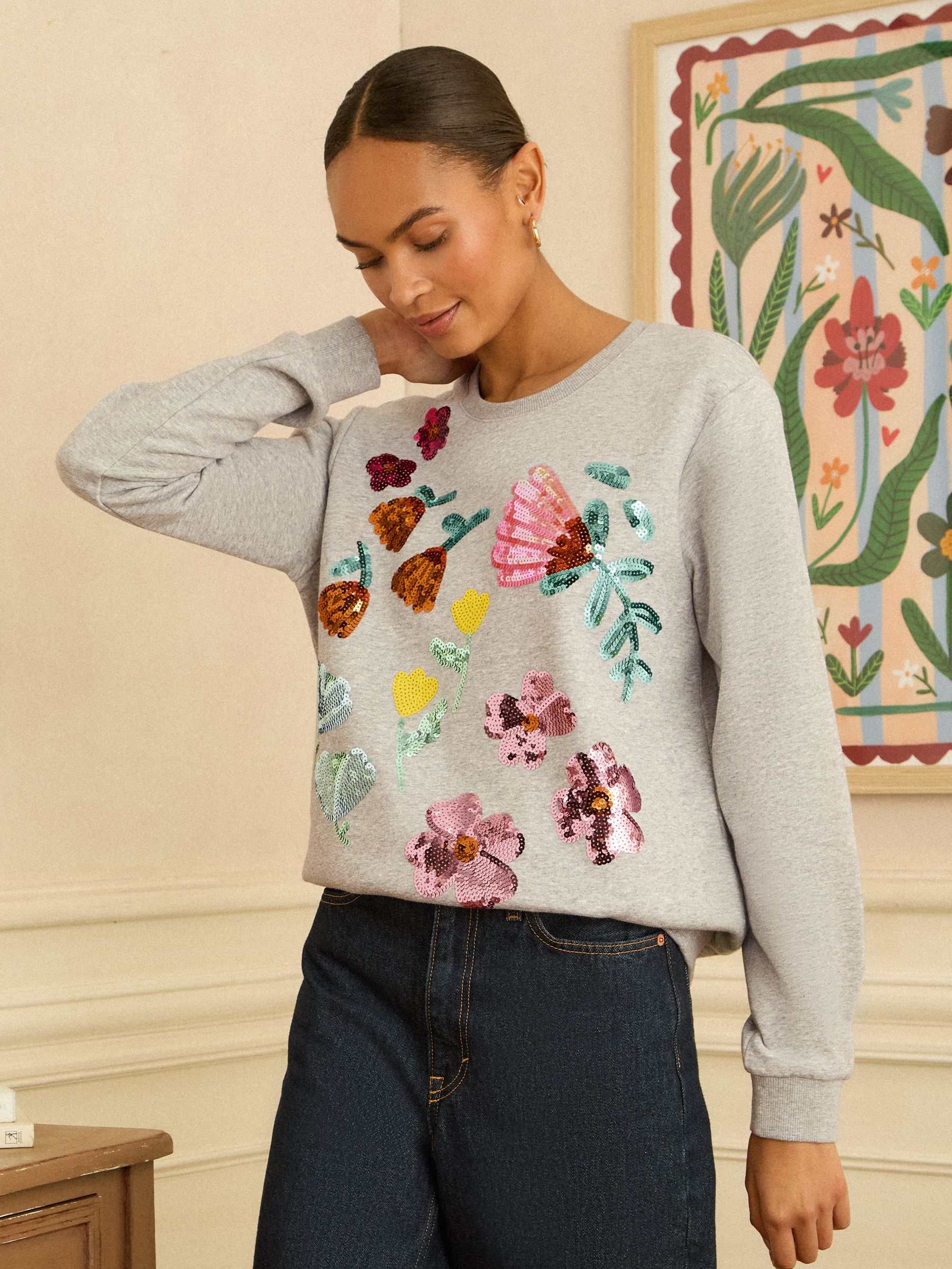 Buy Love & Roses Grey Floral Sequin Embroidered Sweat Top from Next ...