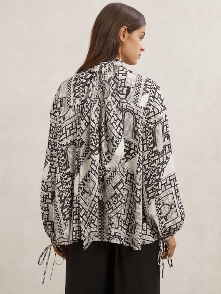 Buy Reiss Ivory/Black Harry Tile-Print Balloon-Sleeve Blouse from Next ...