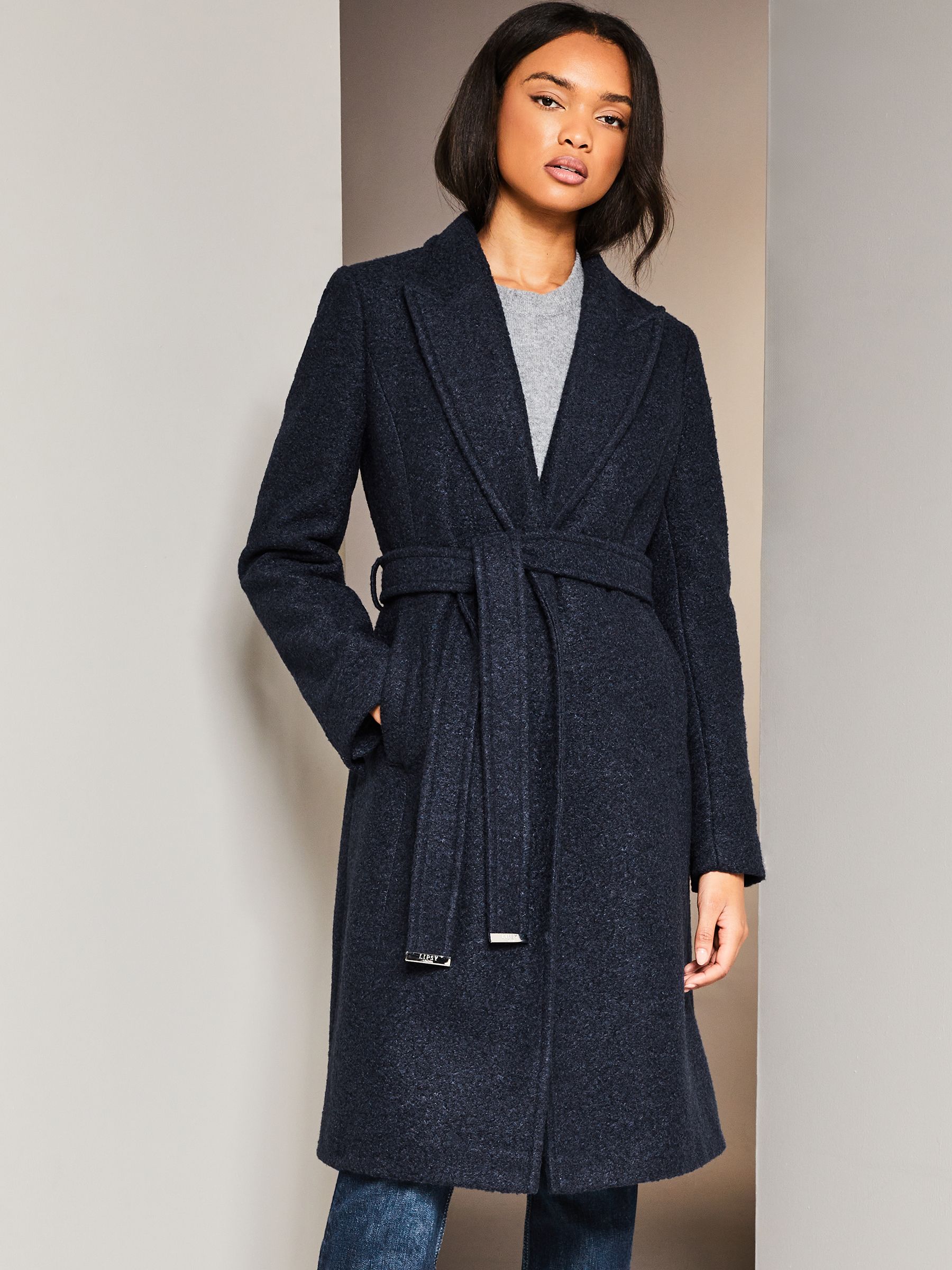 Buy Lipsy Navy Blue Relaxed Belted Boucle Smart Wrap Trench Coat from ...