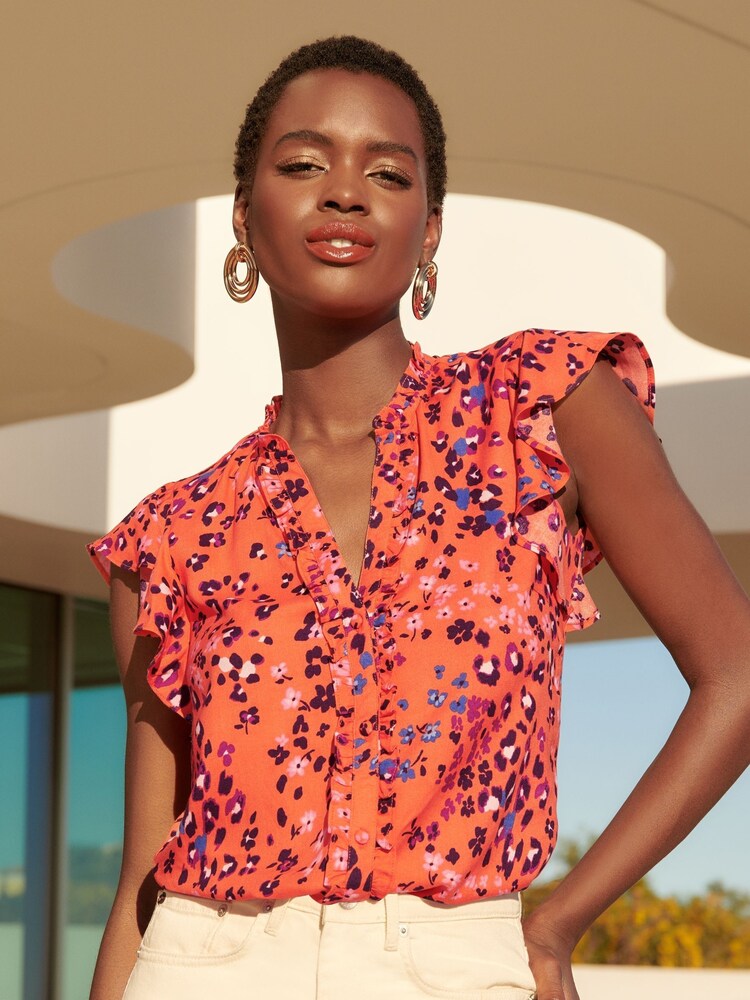 Buy Love & Roses Orange Animal Ruffle Button Up V Neck Blouse from Next ...