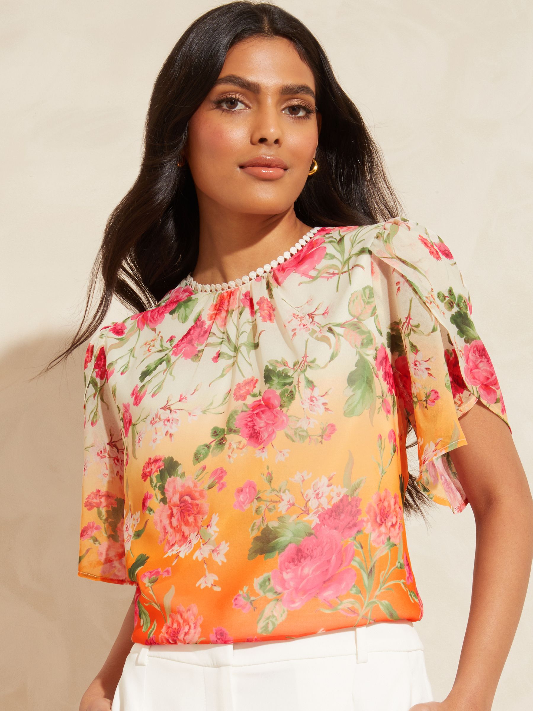 Buy Love & Roses Orange Floral Ombre Tulip Sleeve Lace Trim Round Neck ...