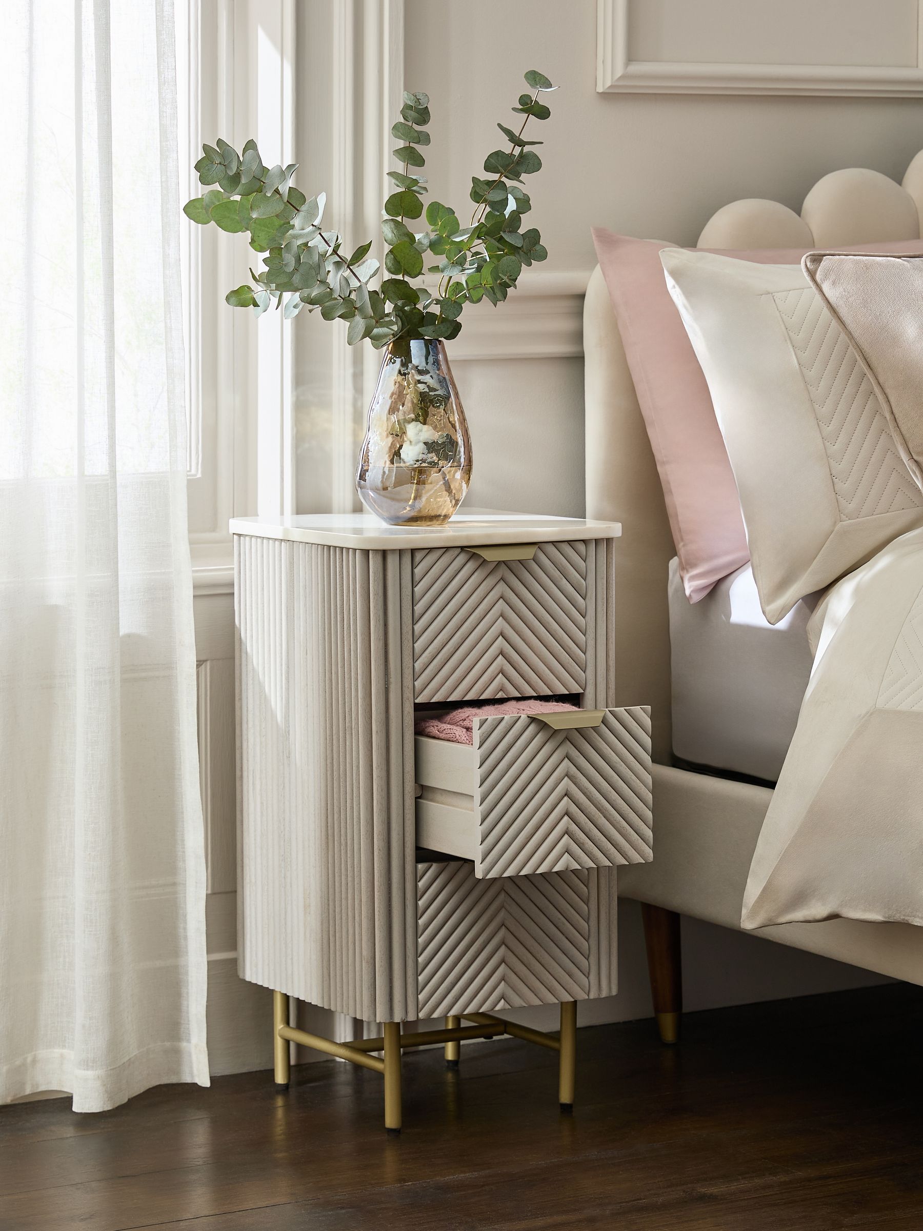 Buy Light Grey Valencia Marble and Mango Wood 3 Drawer Slim Bedside ...