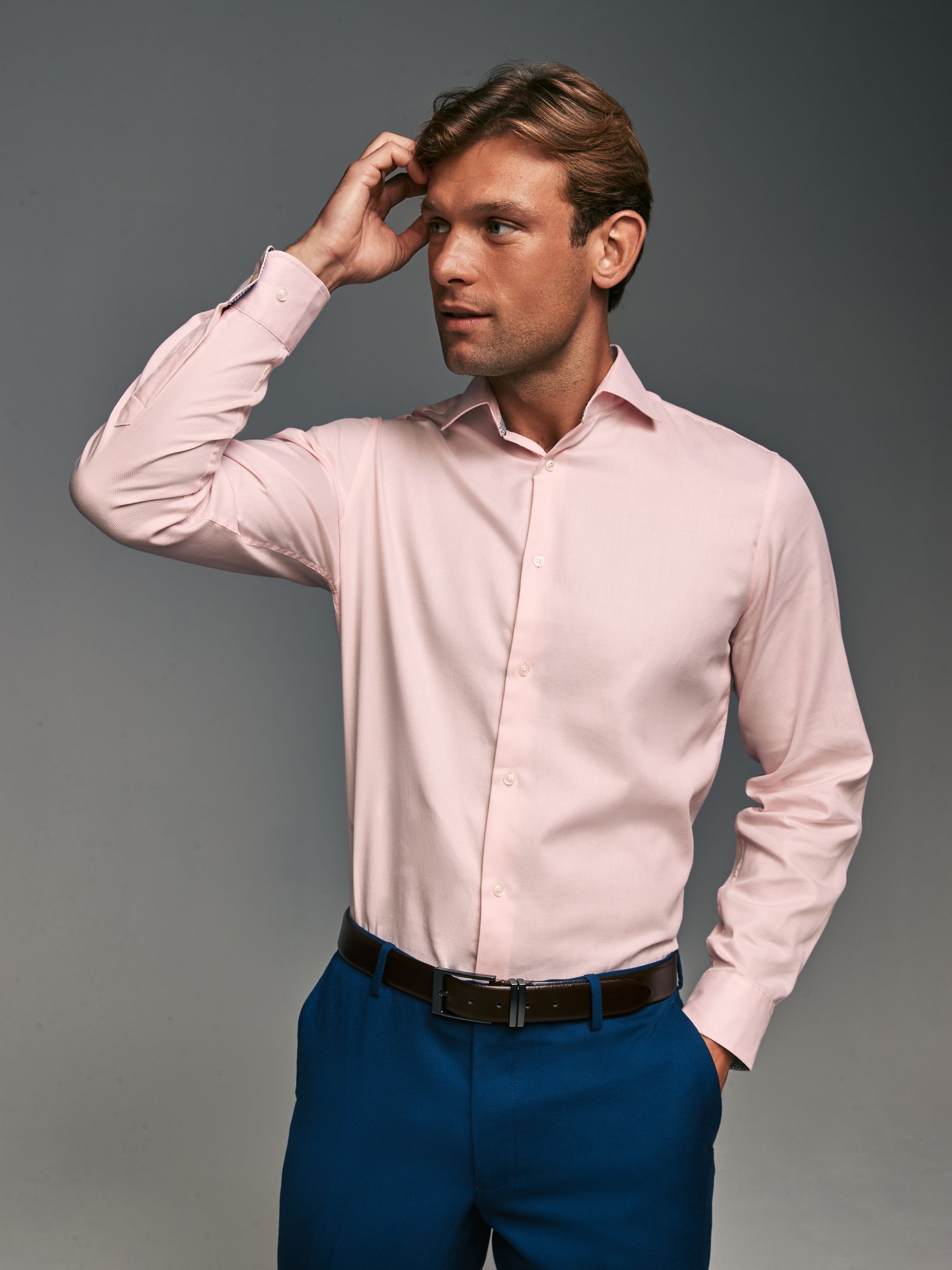 Buy Pink Regular Fit Textured 100% Cotton Poplin Long Sleeve Single ...