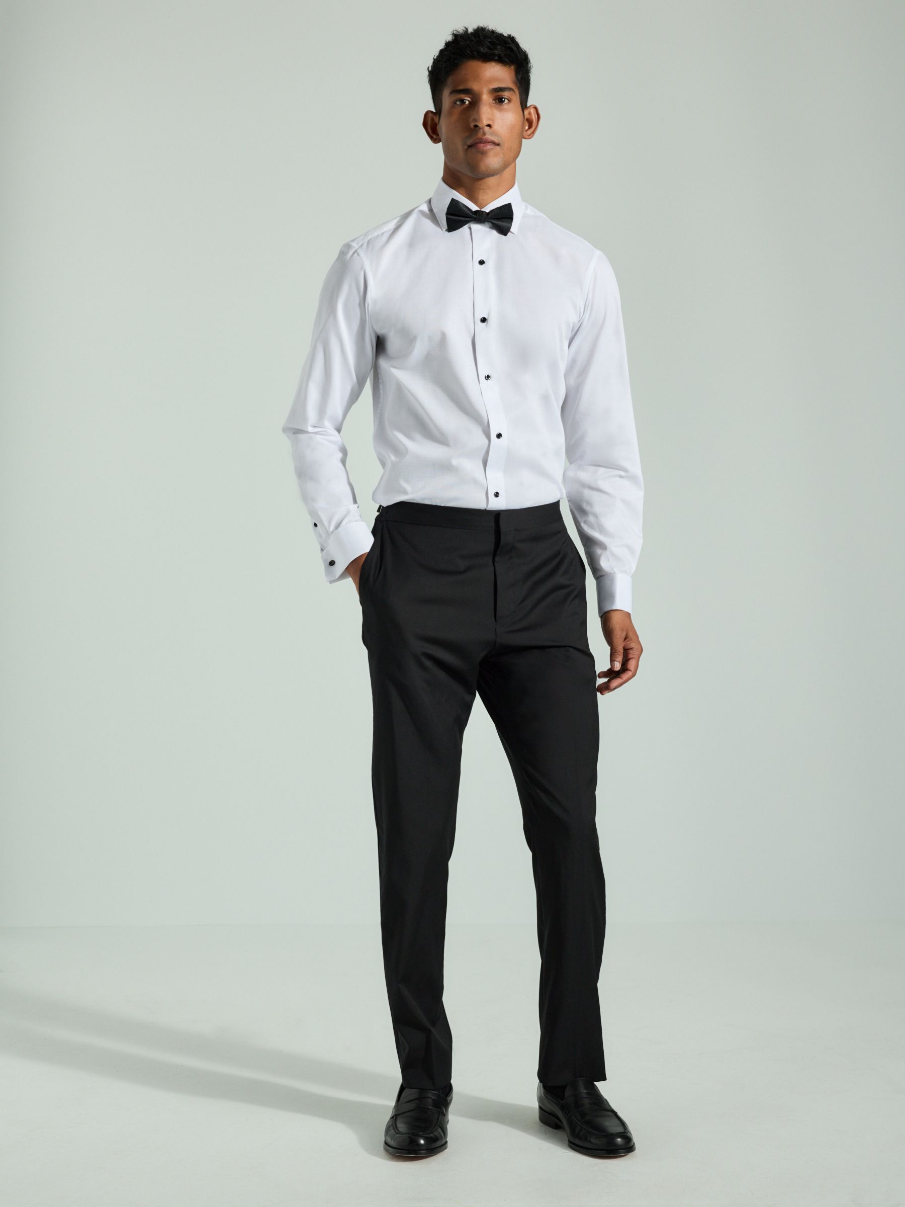 Buy White Textured/Black Bow Tie Regular Fit Regular Fit Double Cuff ...