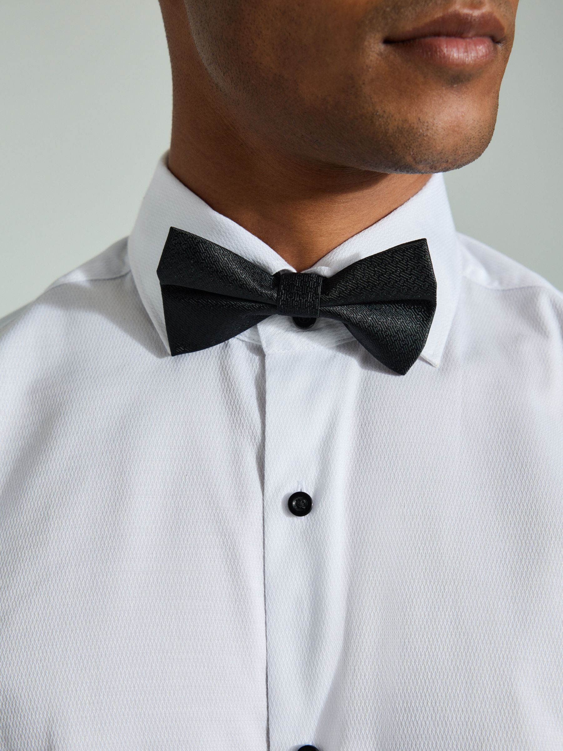 Buy White Textured/Black Bow Tie Regular Fit Regular Fit Double Cuff ...