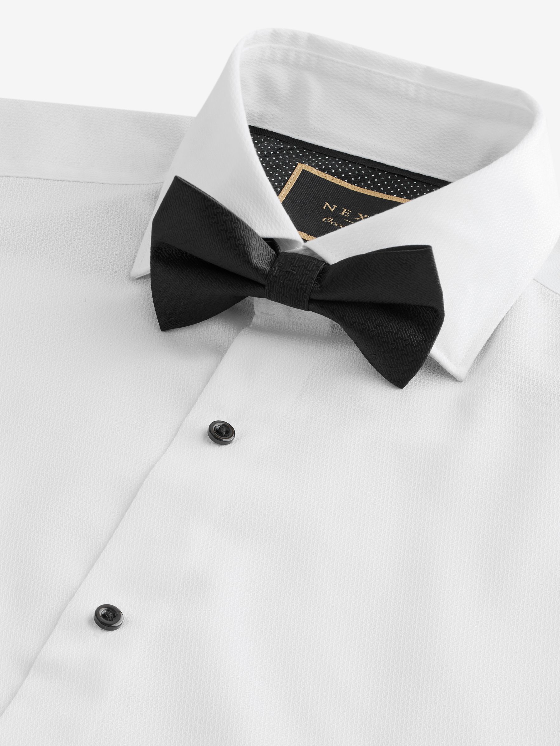 Buy White Textured/Black Bow Tie Regular Fit Regular Fit Double Cuff ...
