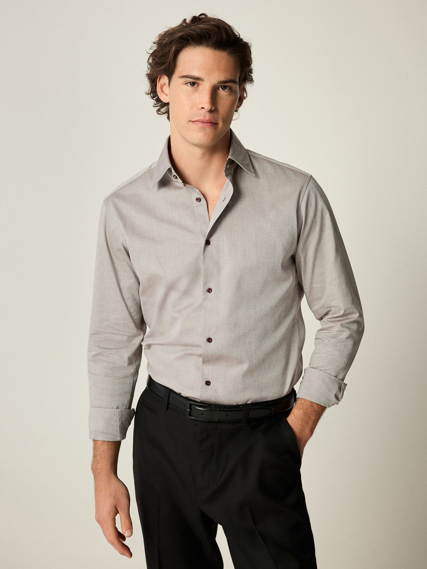 Buy Neutral Brown Slim Fit Trimmed 100% Cotton Texture Long Sleeve ...