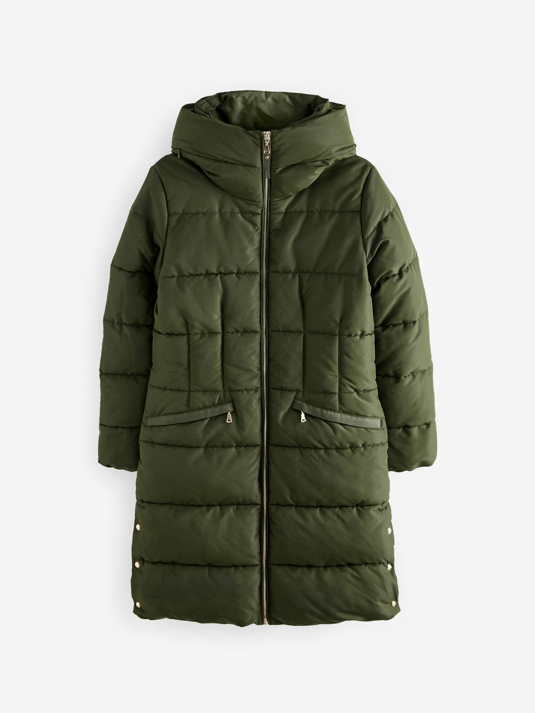 Buy Khaki Green Shower Resistant Padded Puffer Hooded Mid Length Coat ...