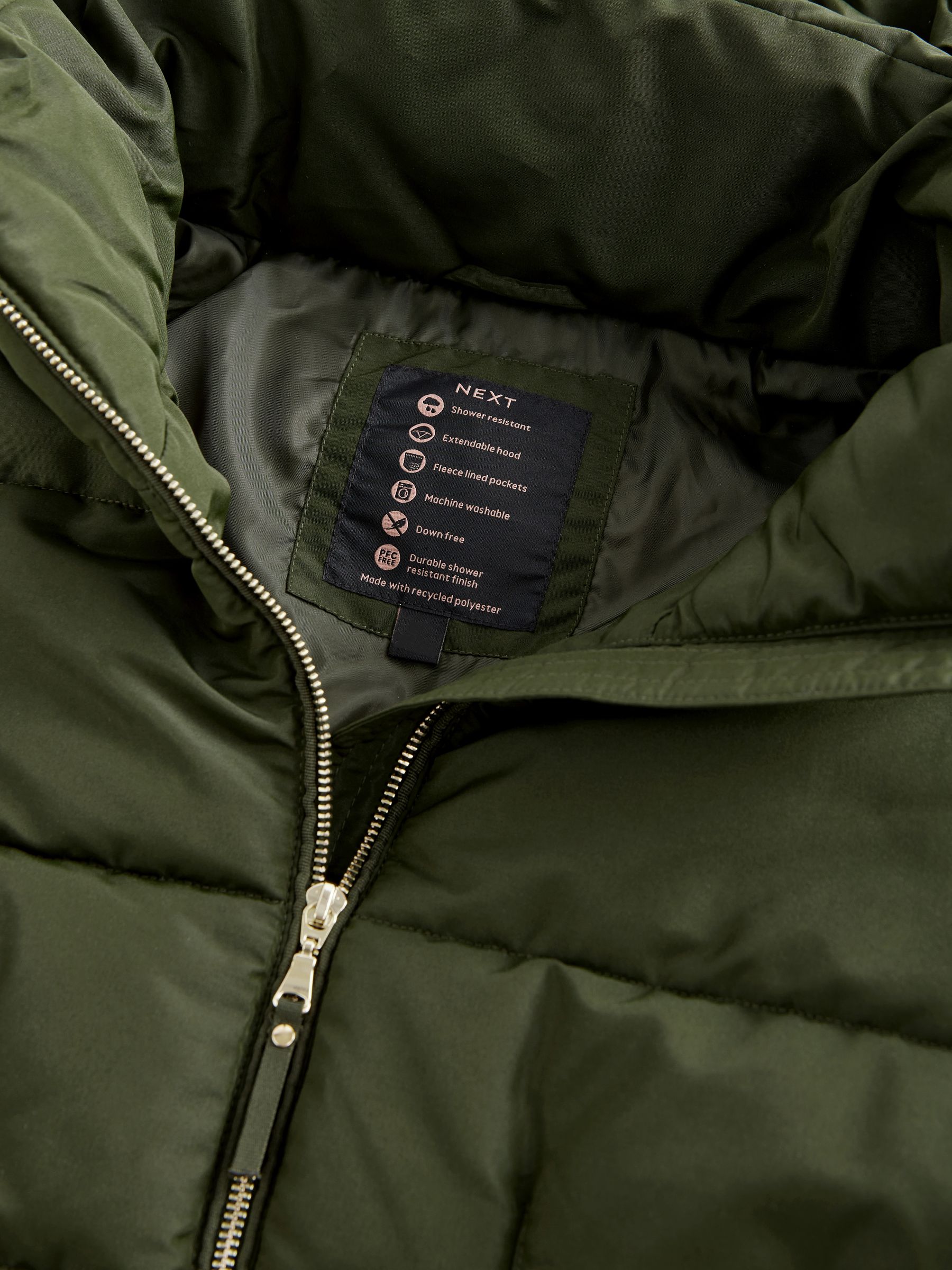 Buy Khaki Green Shower Resistant Padded Puffer Hooded Mid Length Coat ...