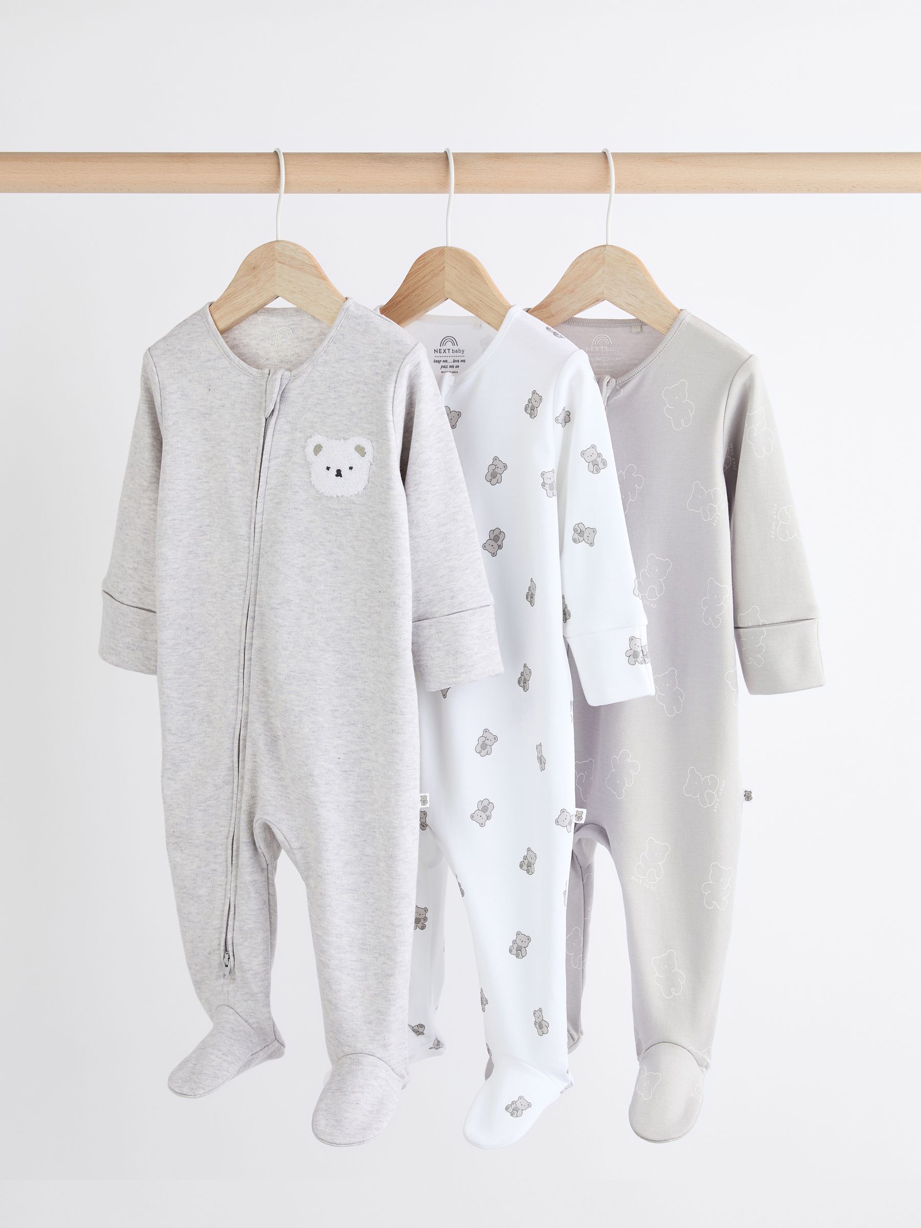 Buy Grey Baby Two Way Zip 100% Cotton Sleepsuits 3 Pack (0mths-2yrs ...