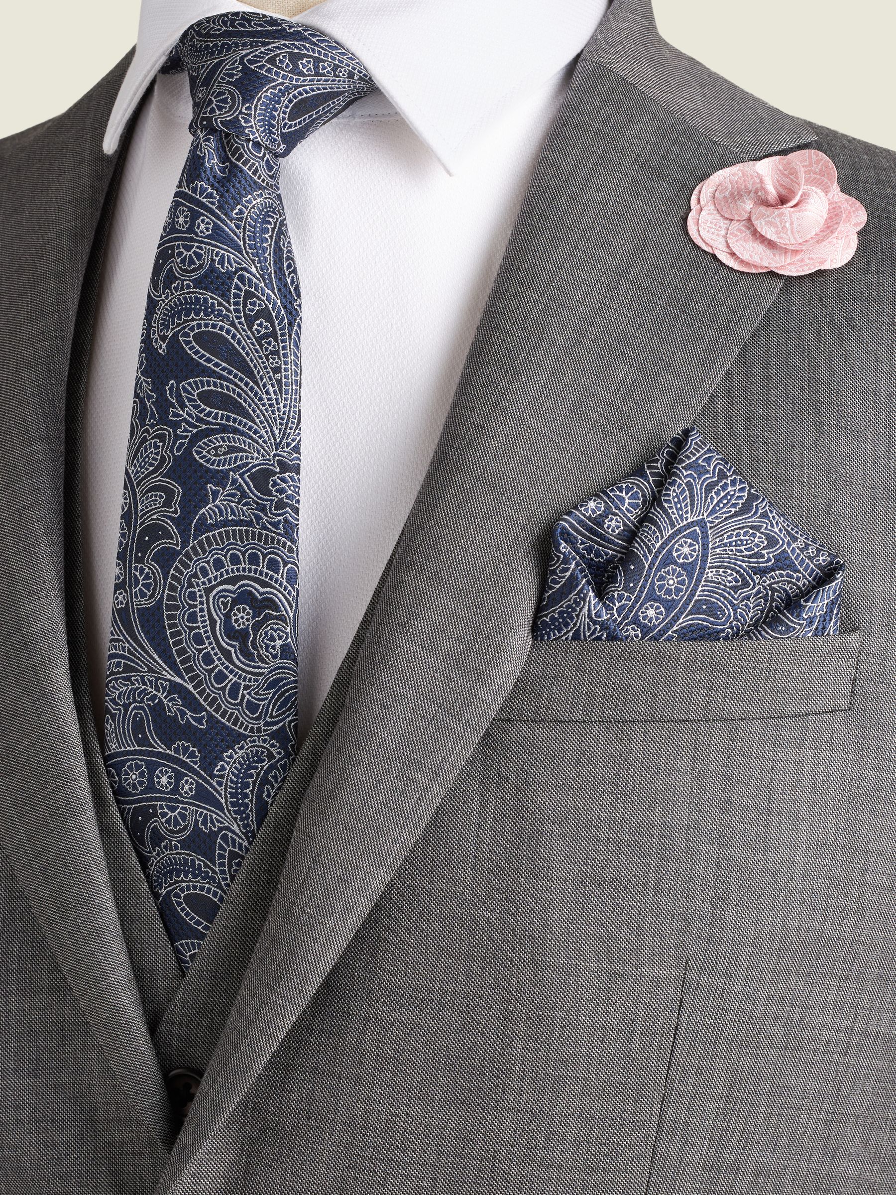 Buy Navy Blue/Pink Textured Paisley Tie, Pocket Square And Pin Set from ...