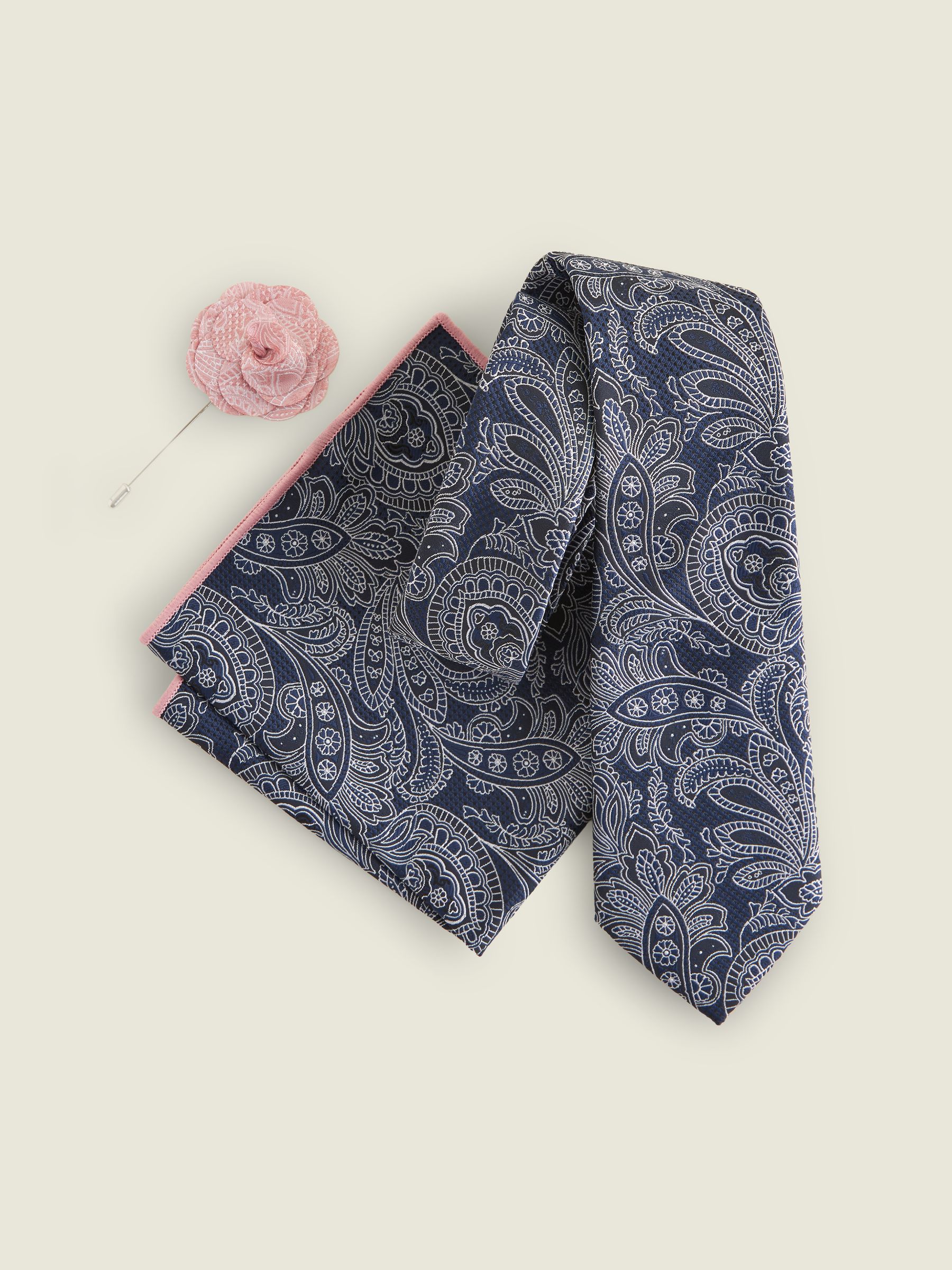 Buy Navy Blue/Pink Textured Paisley Tie, Pocket Square And Pin Set from ...