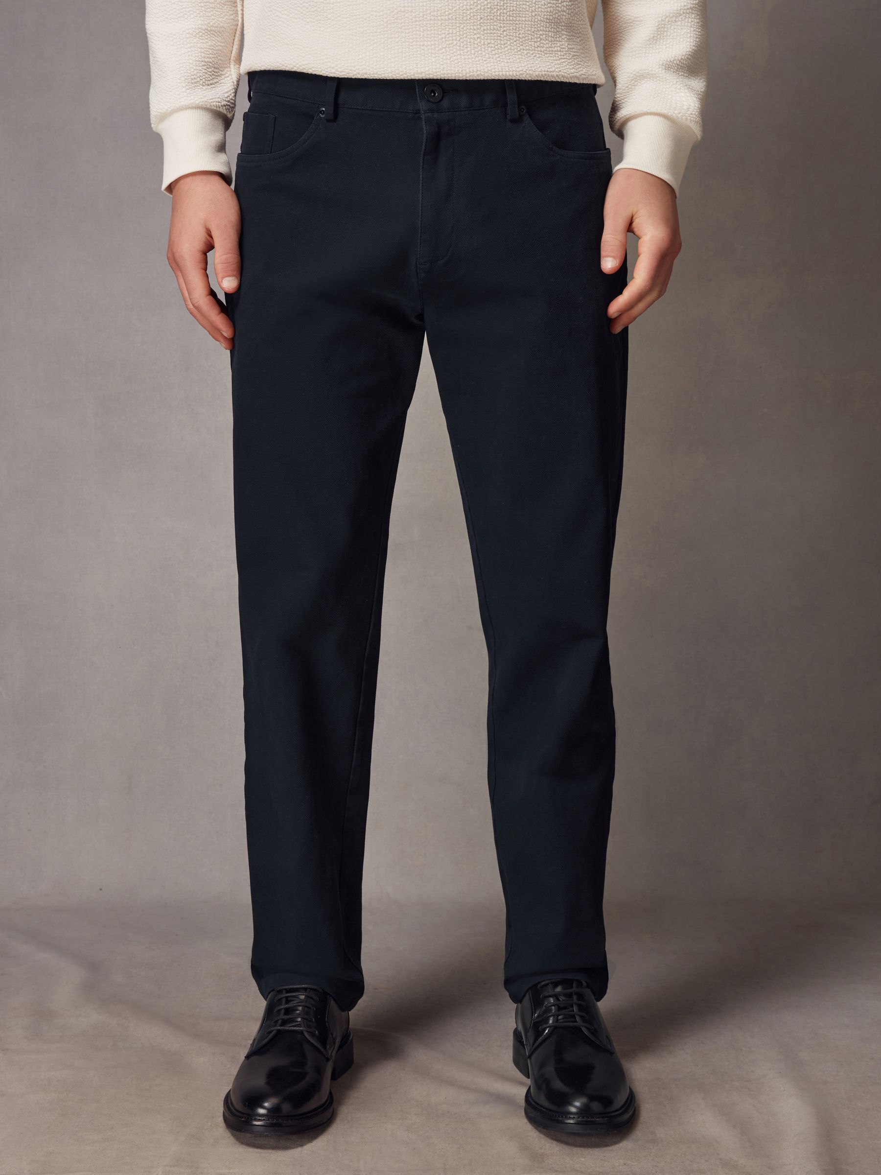 Buy Navy Blue Straight Fit Textured Smart Chinos with Stretch from the ...