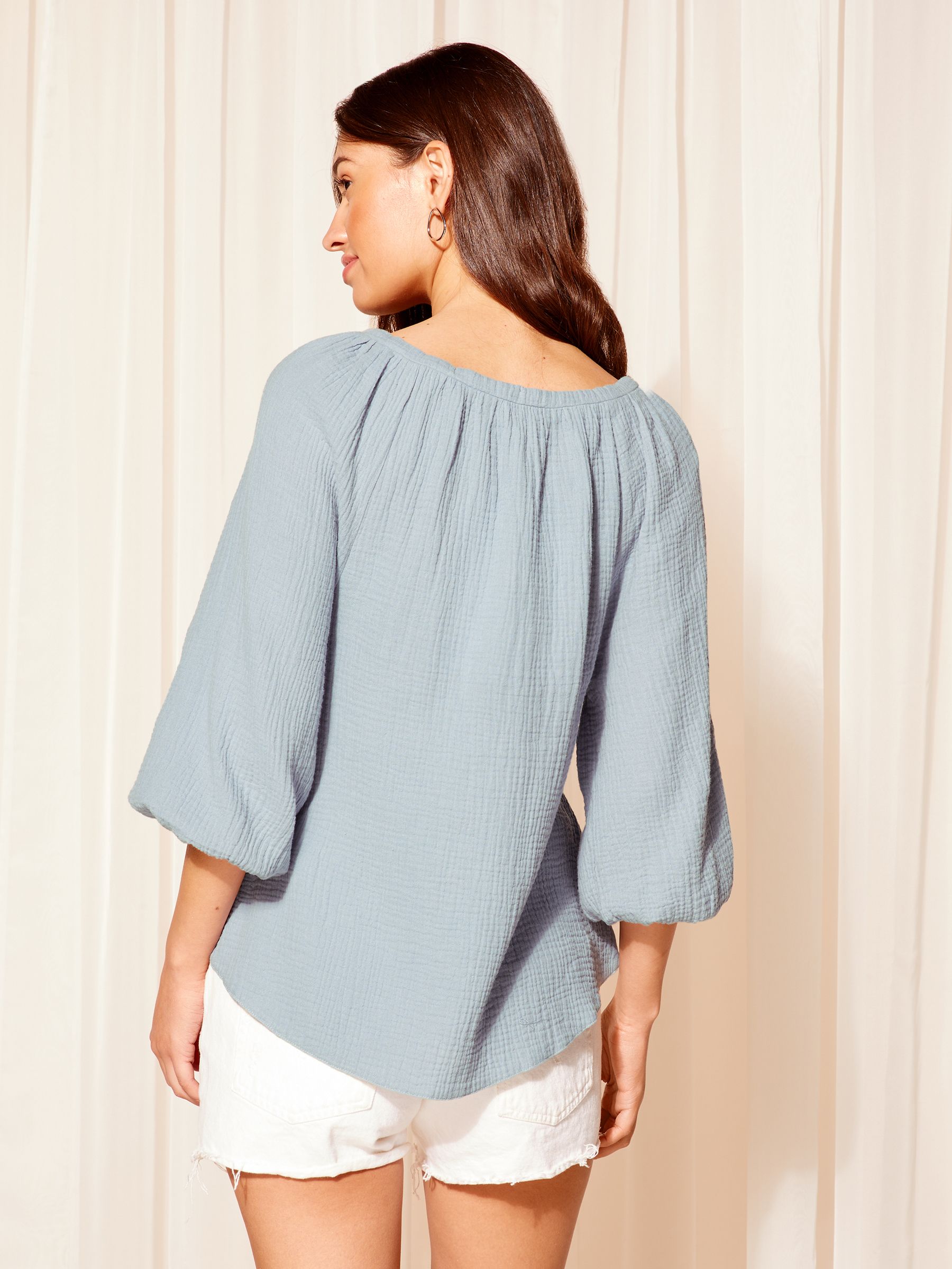 Buy Friends Like These Blue 3/4 Sleeve Tie Neck Crinkle Cotton Blouson ...