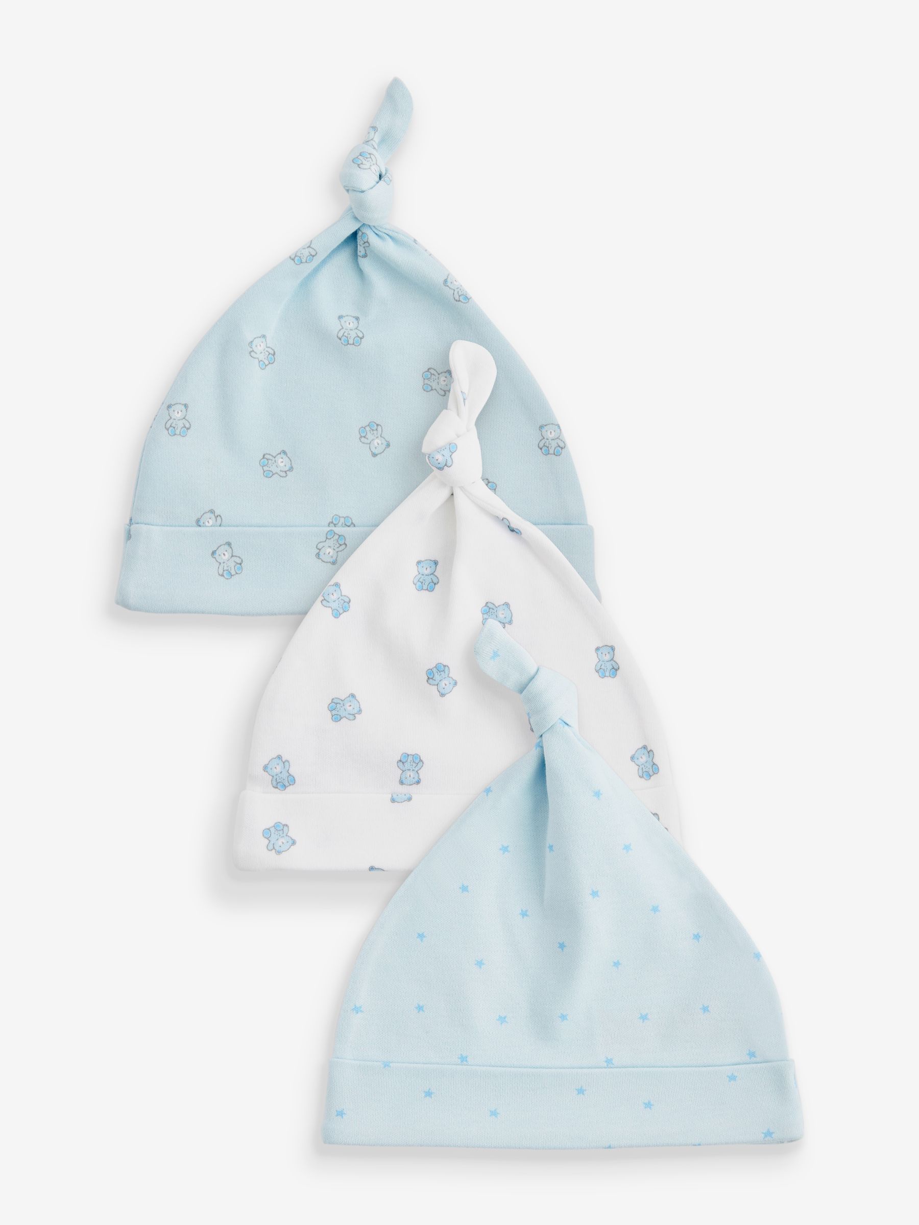 Buy Blue/White Bear Baby Tie Top 100% Cotton Hats 3 Pack (0-12mths ...