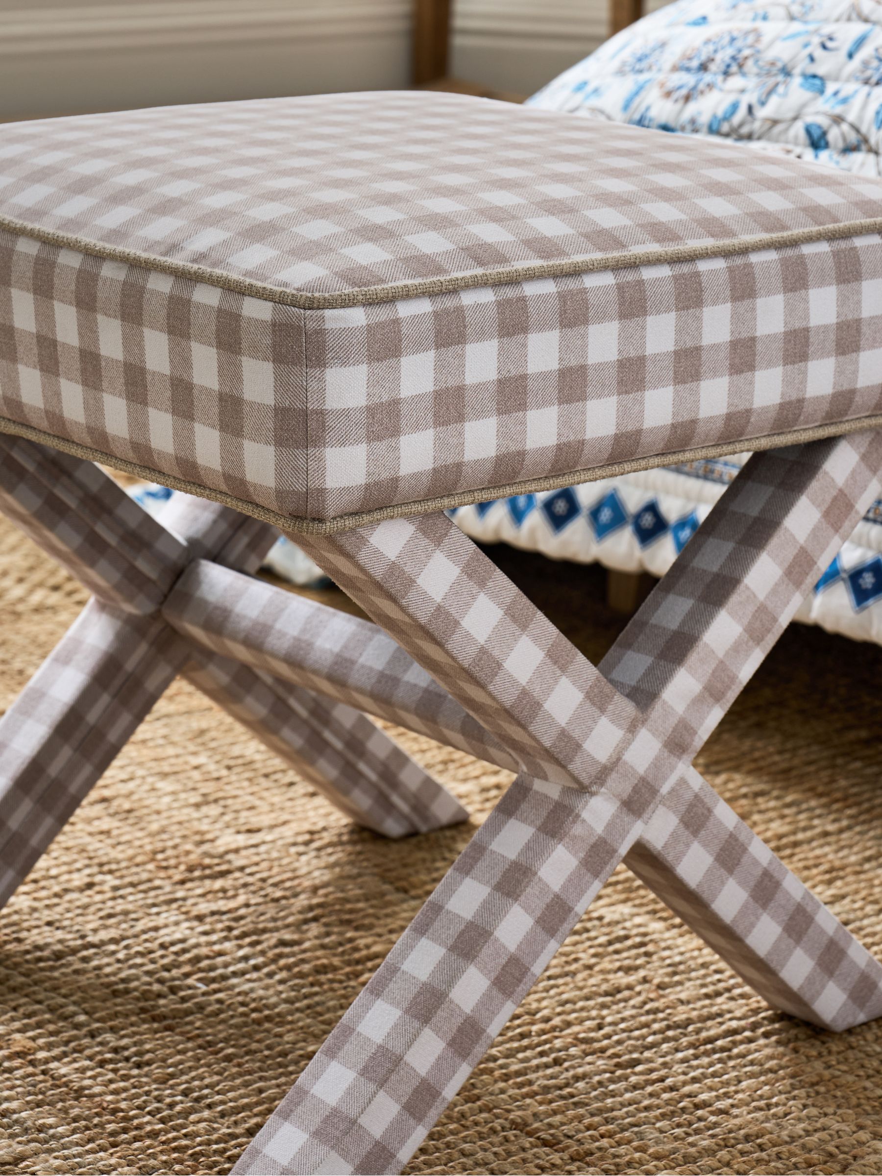Buy Nina Campbell Natural Bracken Gingham Check Walton Footstool from ...