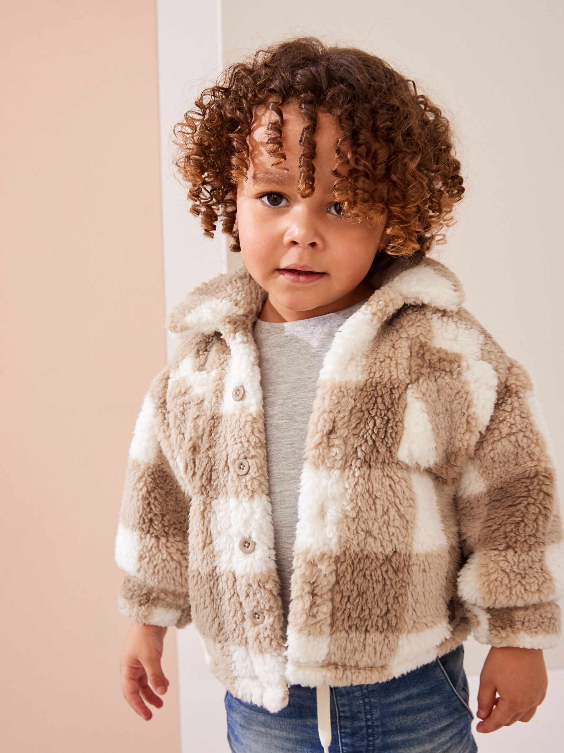 Buy Tan Brown Checkerboard Borg Fleece Shacket (3mths-7yrs) from the ...