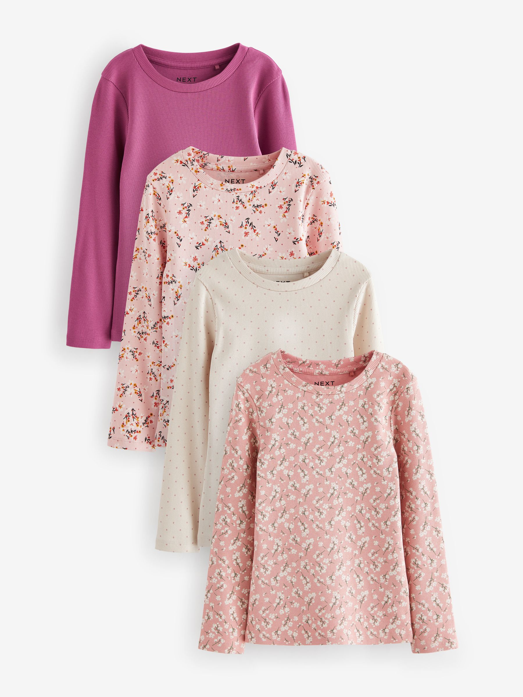 Buy Pink Floral Rib Long Sleeve Tops 4 Pack (3-16yrs) from the Next UK ...