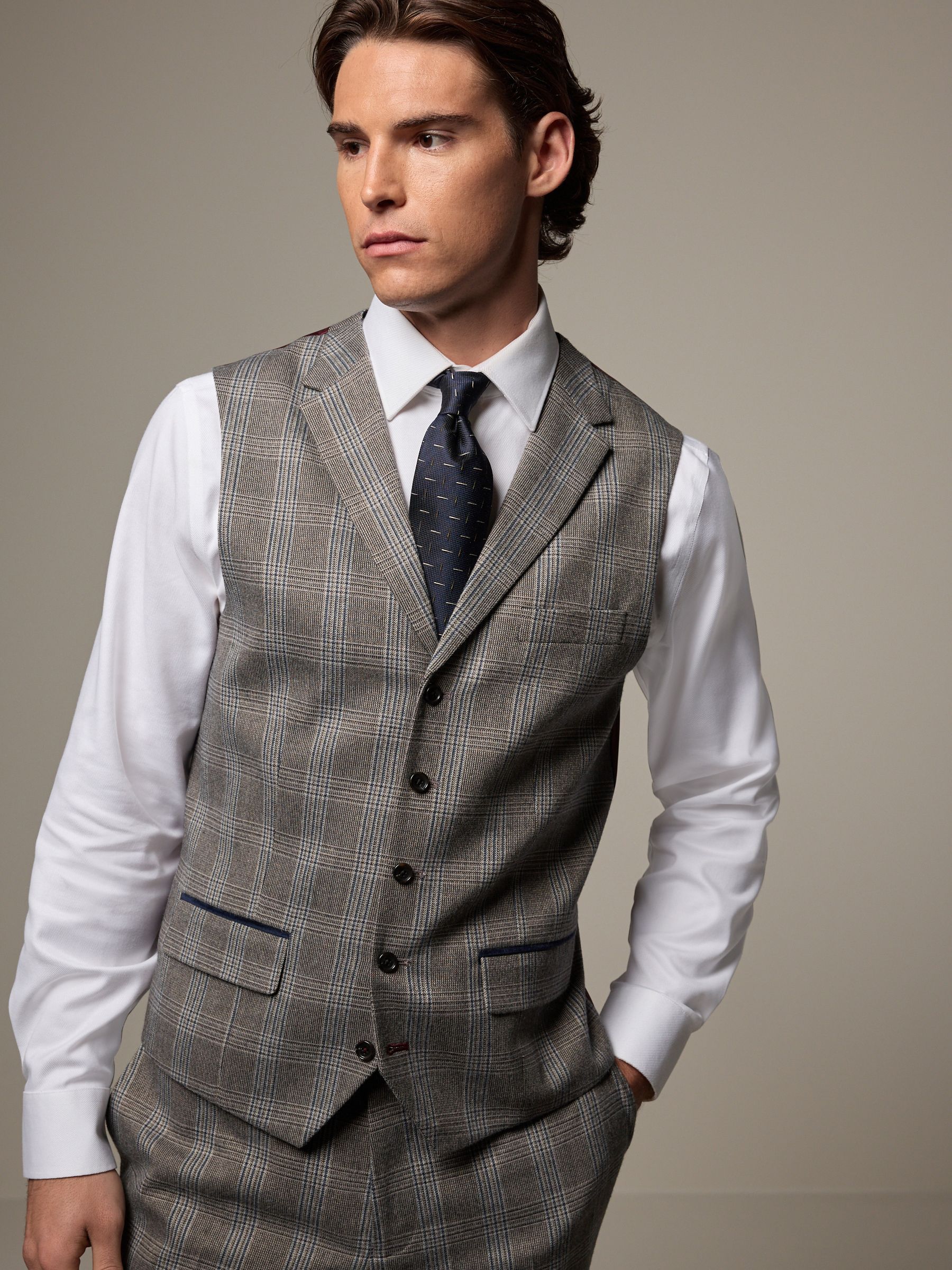 Buy Neutral Trimmed Check Suit Waistcoat from the Next UK online shop