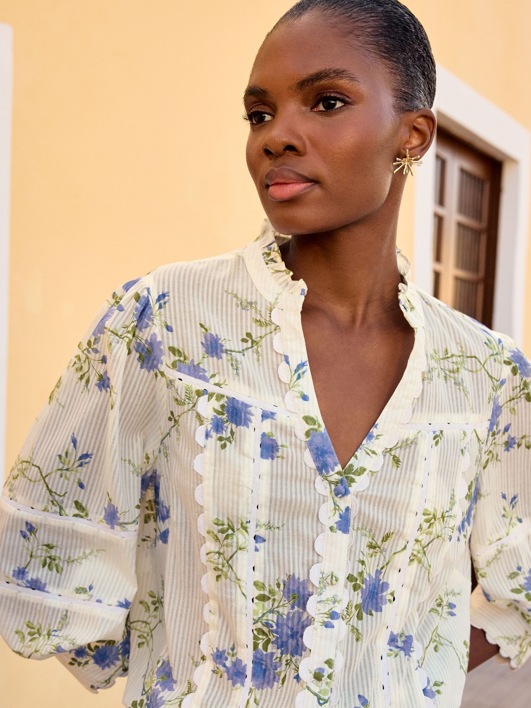 Buy Love & Roses Ivory White Floral V Neck Ric Rac Trim Blouse from the ...