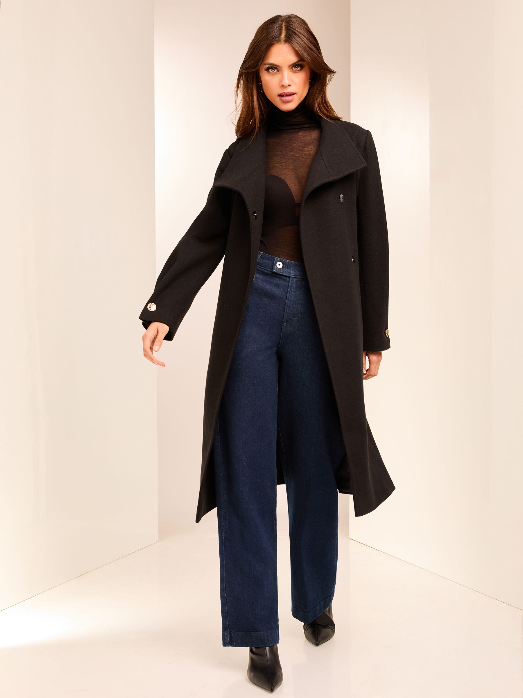 Buy Lipsy Black Funnel Neck Wrap Belted Coat With Wool from the Next UK ...