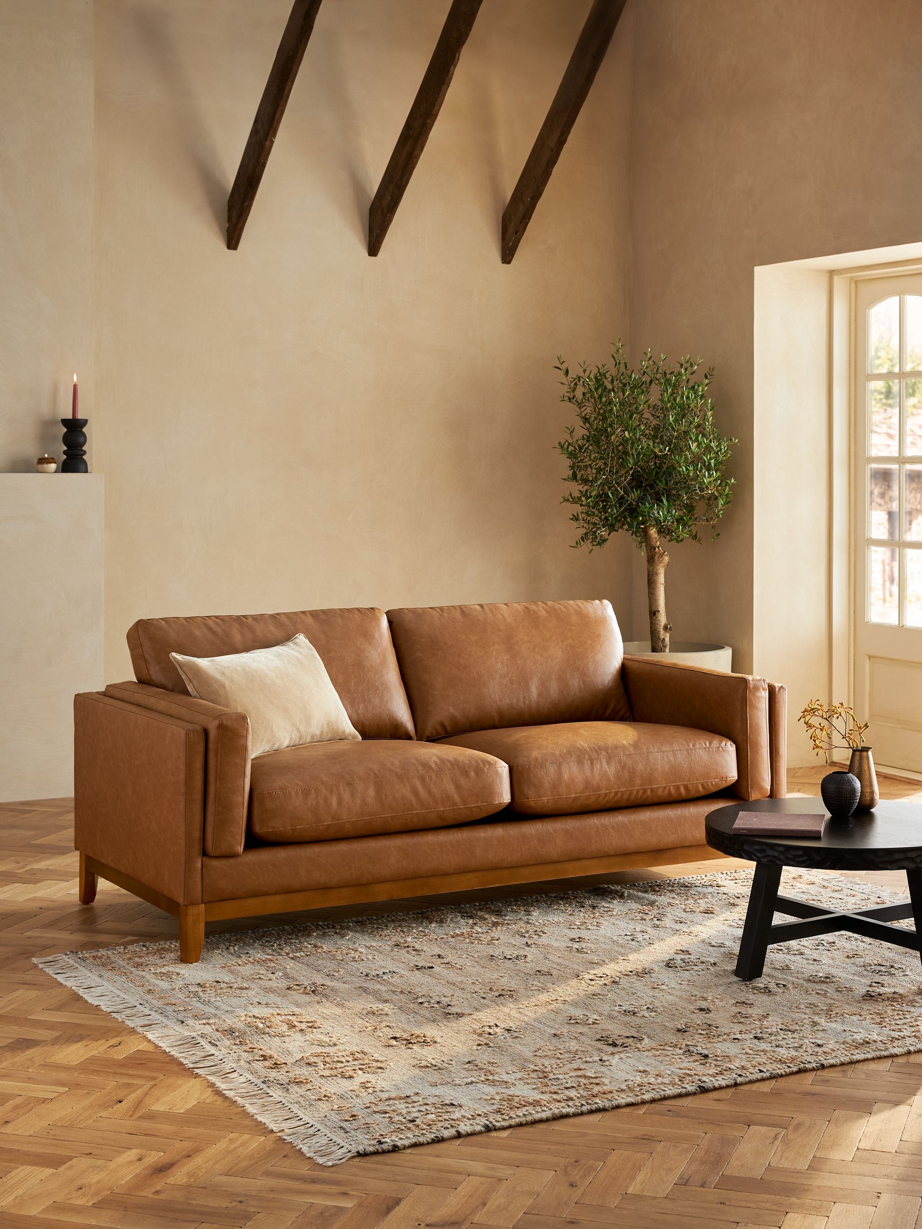 Buy Vintaged Faux Leather Light Brown Bennett Wooden 3 Seater Sofa from ...