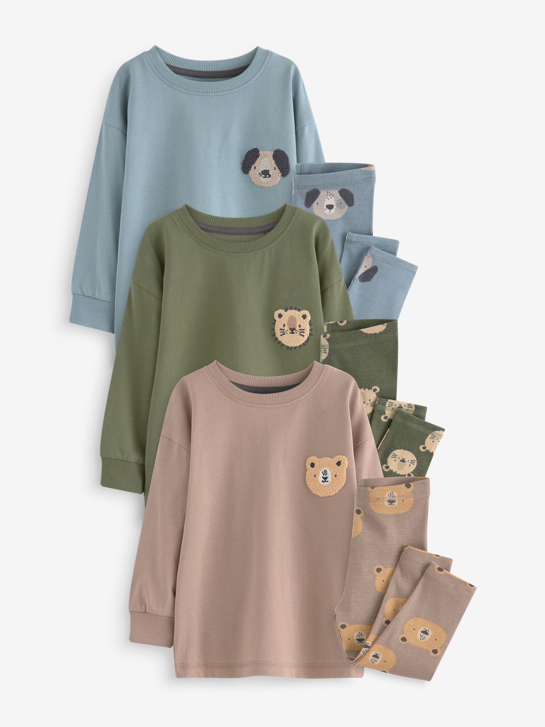 Buy Blue/Brown/Khaki Green Animal 3 Pack Snuggle Pyjamas (9mths-8yrs ...