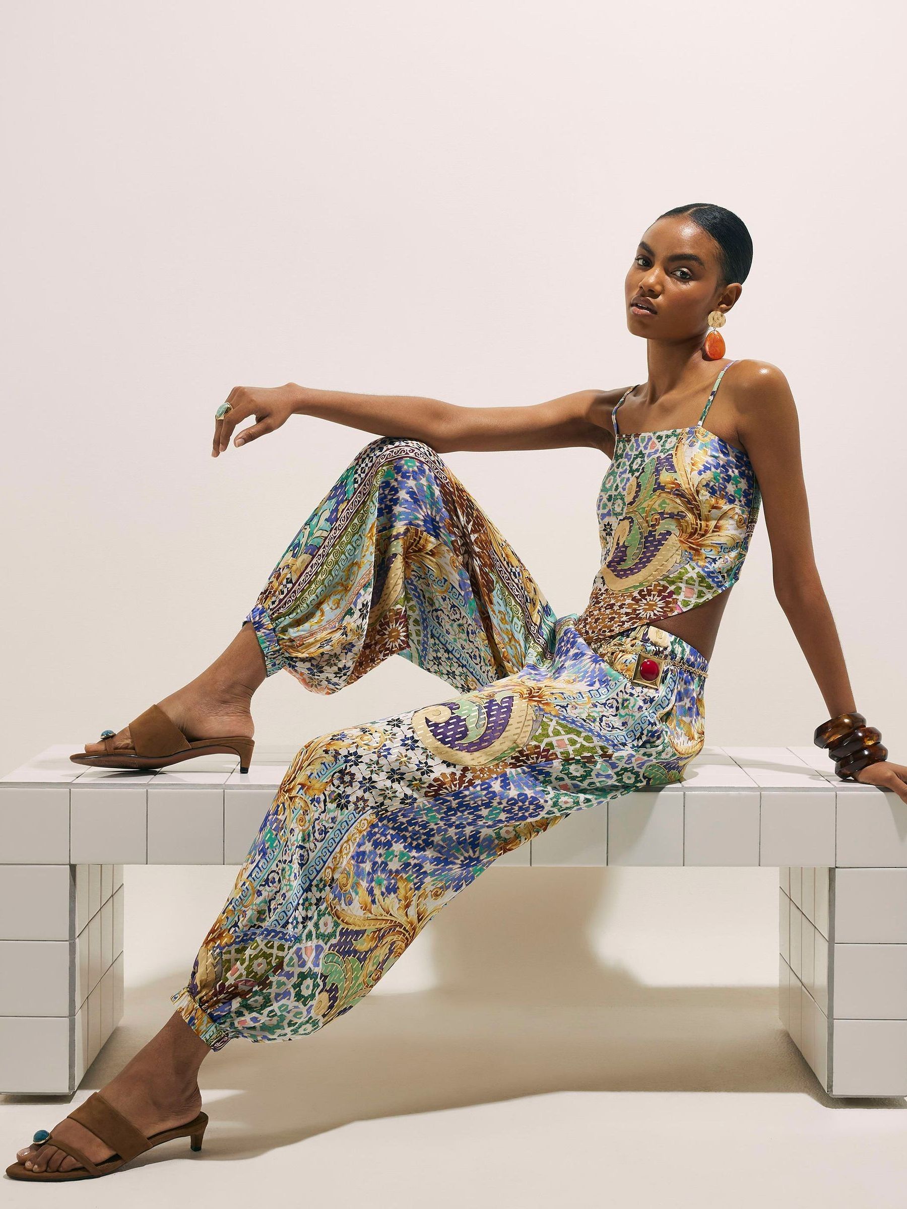 Buy River Island Blue Del Maar Tile Print Hareem Trousers from the Next ...