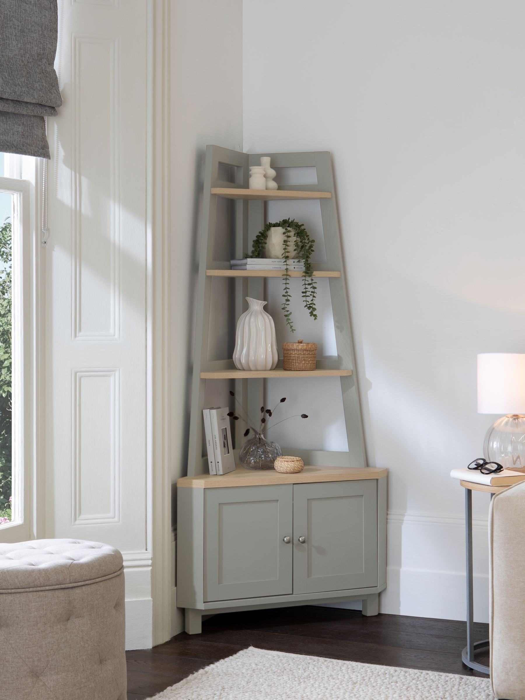 Weathered gray corner shelf store