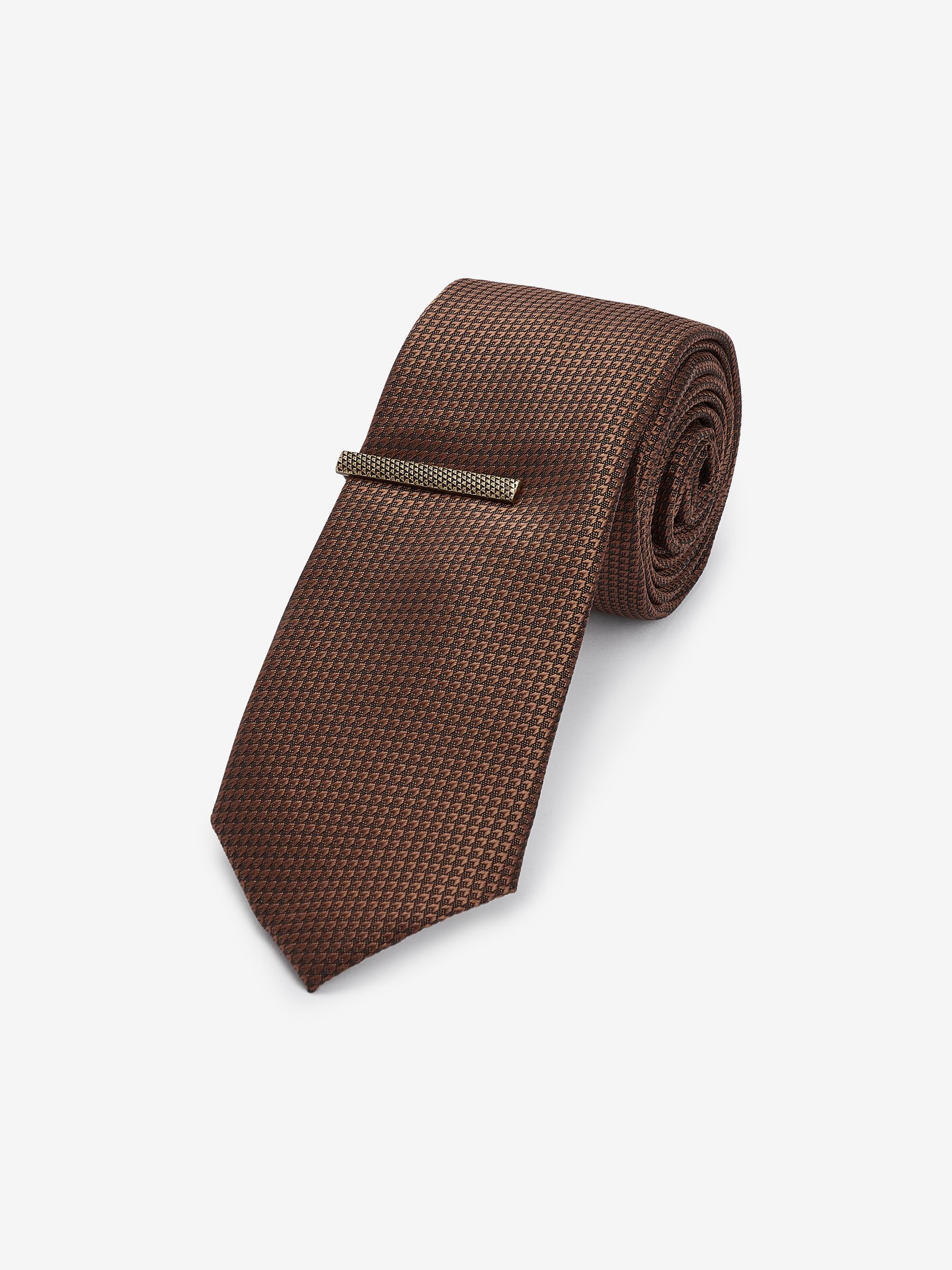 Buy Brown Slim Textured Tie And Clip Set from the Next UK online shop