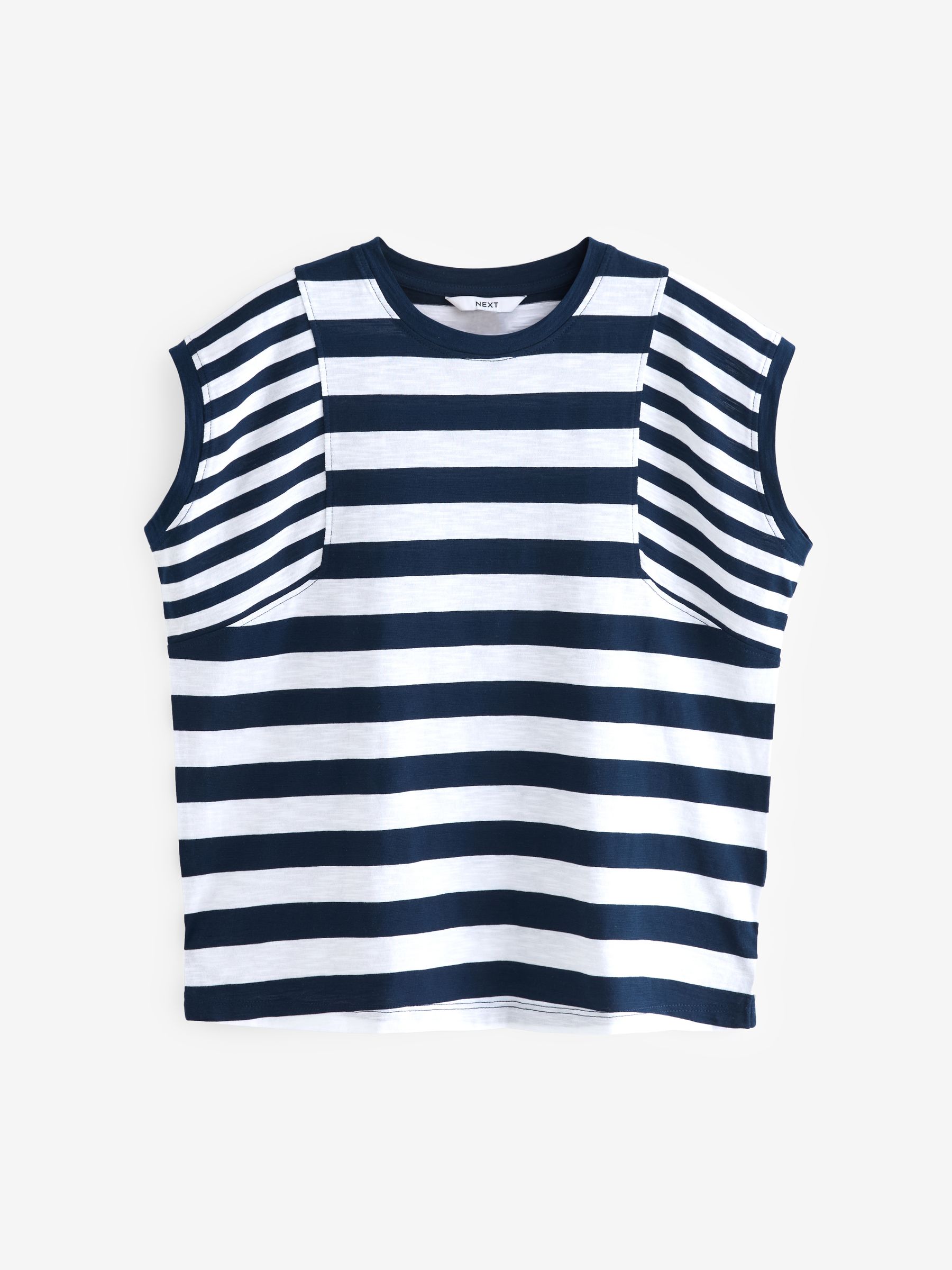 Buy White/Blue Crew Neck 100% Cotton Look Slub Jersey Cap Sleeve ...
