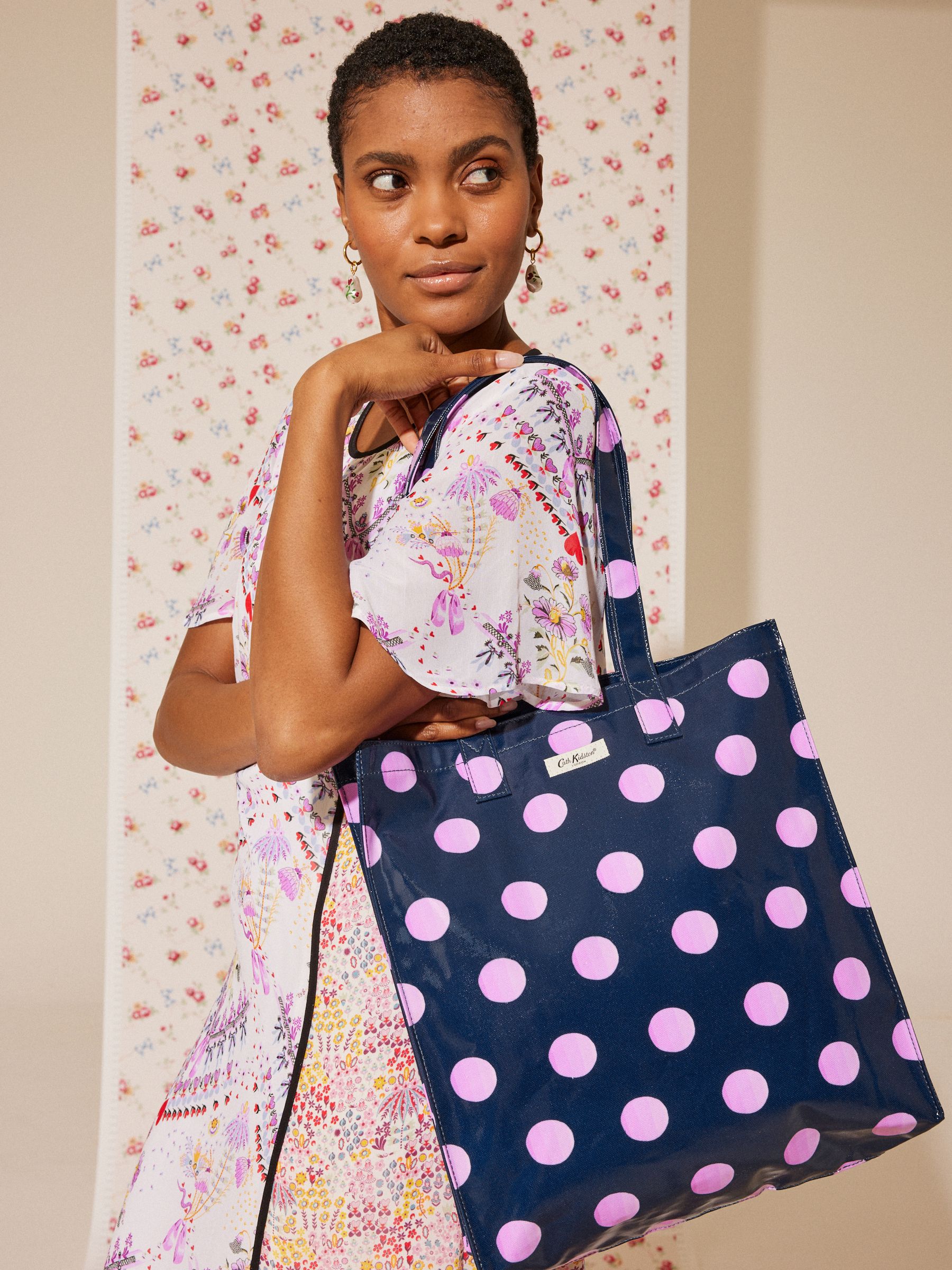 Buy Cath Kidston Navy/Pink Spot Large Coated 100% Cotton Book Bag from ...