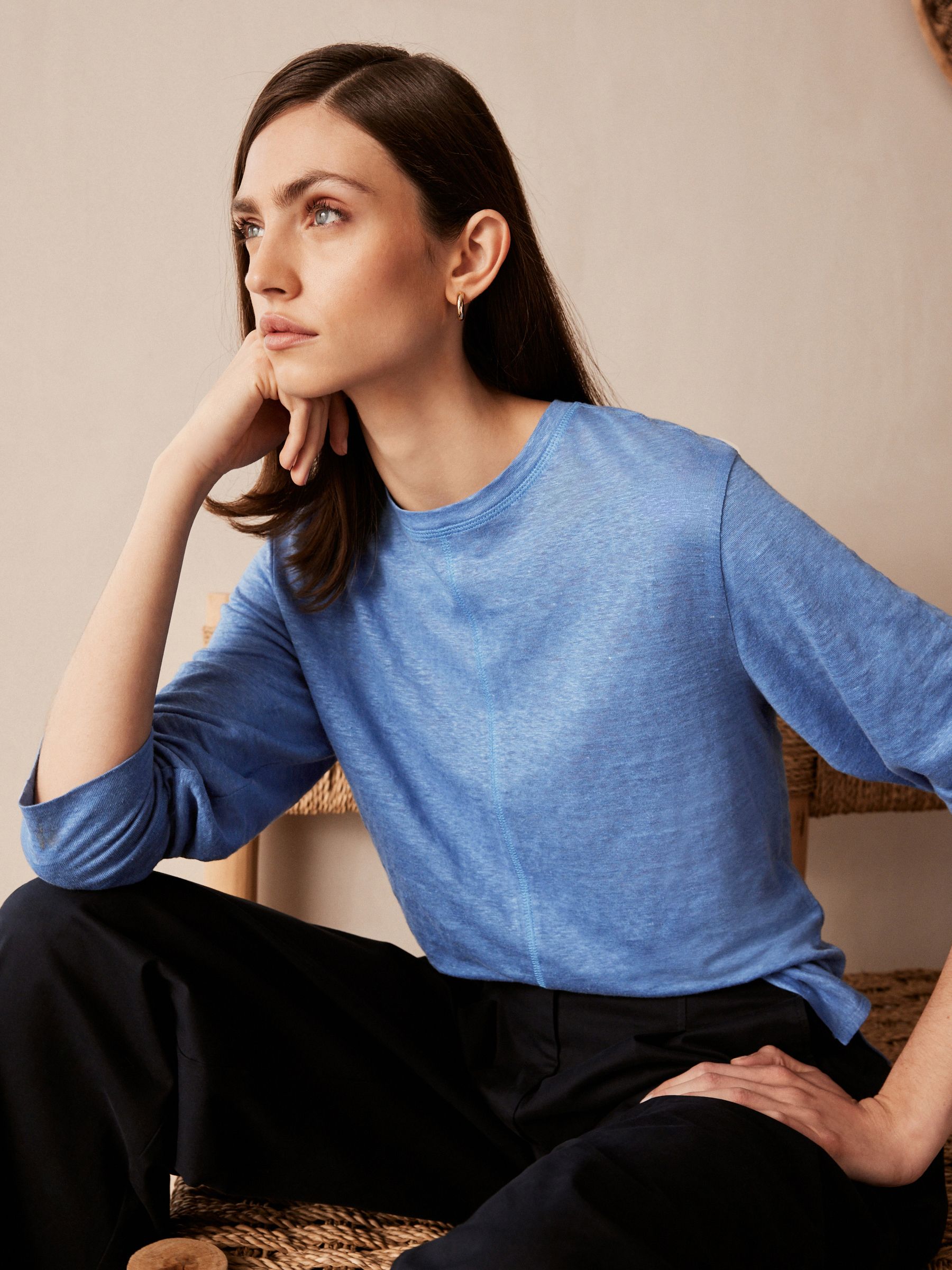Buy Blue 100% Linen Long Sleeve Crew Top from Next Ireland