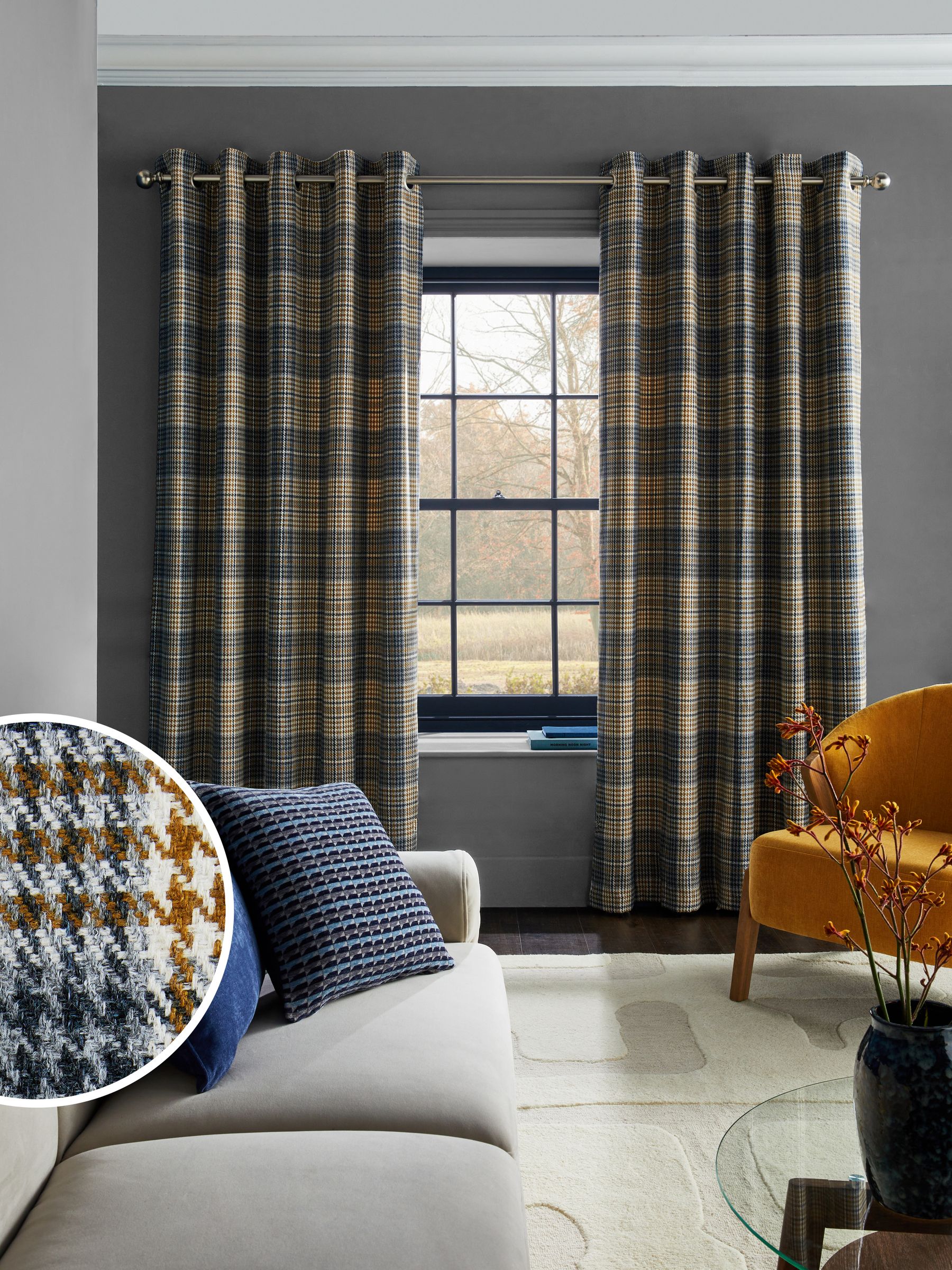 Buy Grey/Ochre Woven Dogtooth Check Eyelet Lined Curtains from the Next ...