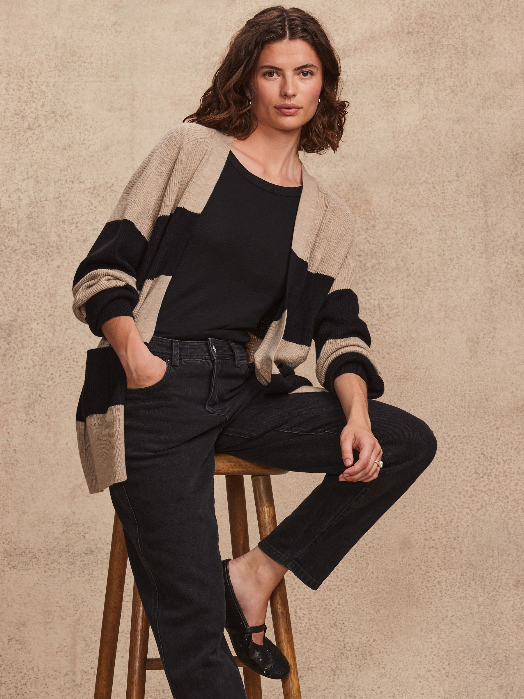 Buy Black and Camel Brown Stripe Soft Touch Cosy Knit Longline Cardigan ...