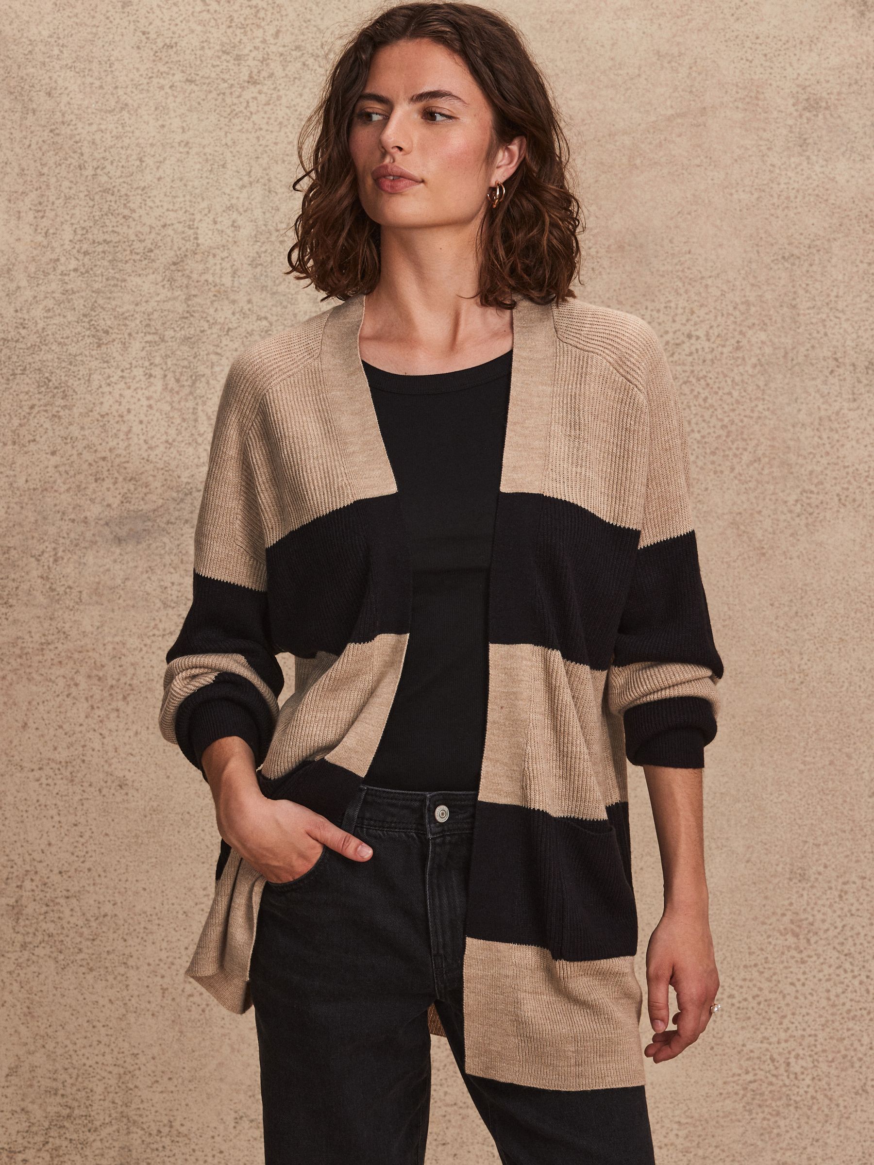 Buy Black and Camel Brown Stripe Soft Touch Cosy Knit Longline Cardigan ...