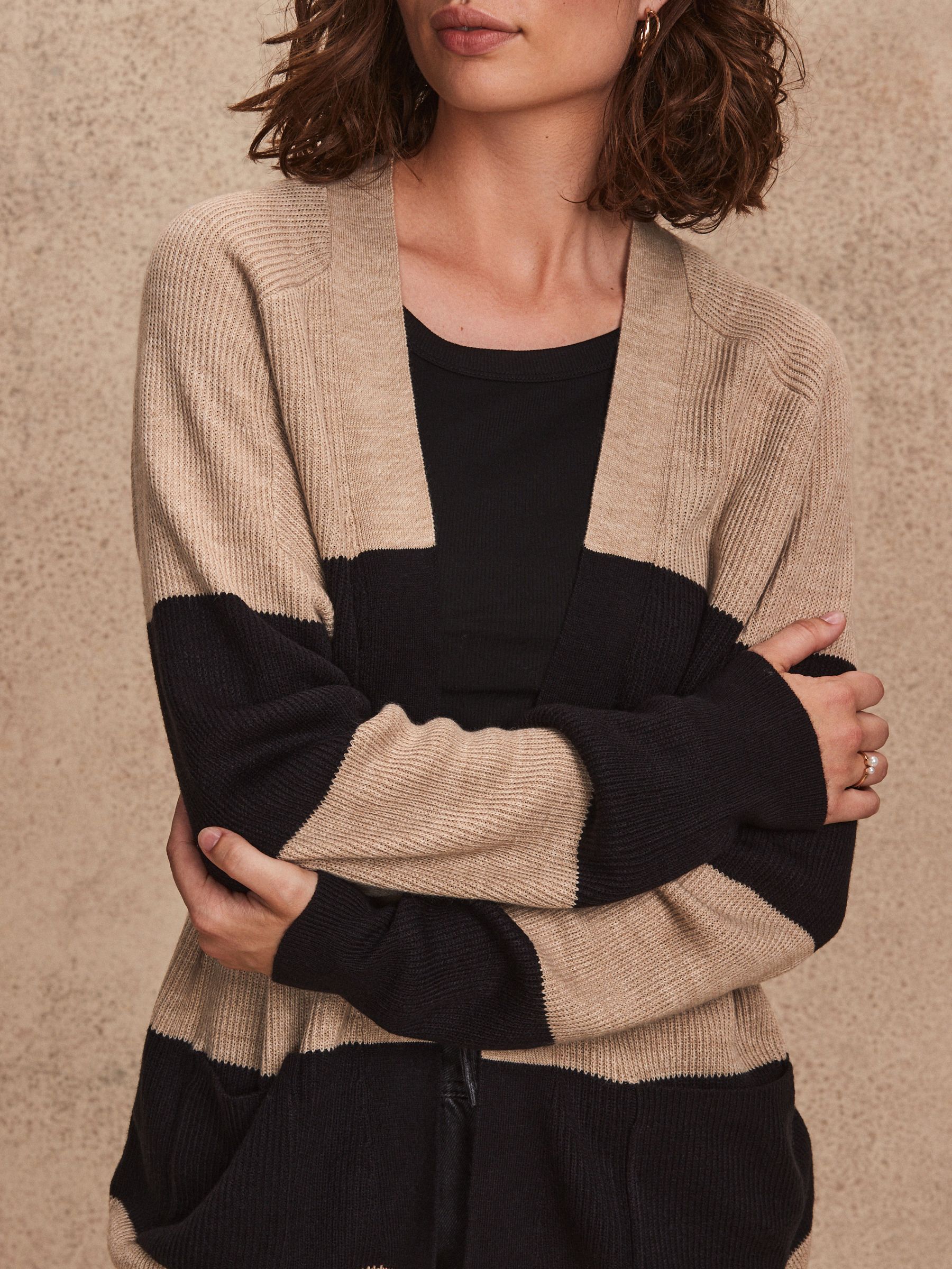 Buy Black and Camel Brown Stripe Soft Touch Cosy Knit Longline Cardigan ...