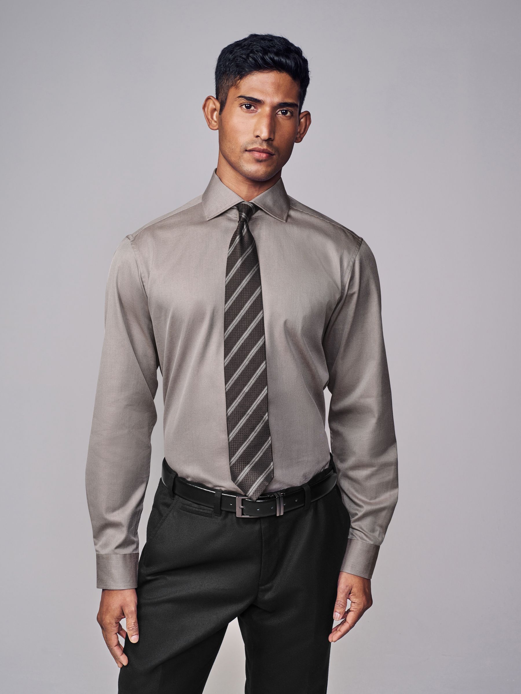 Buy Neutral Brown Slim Fit Signature Single Cuff Texture Pima Cotton ...