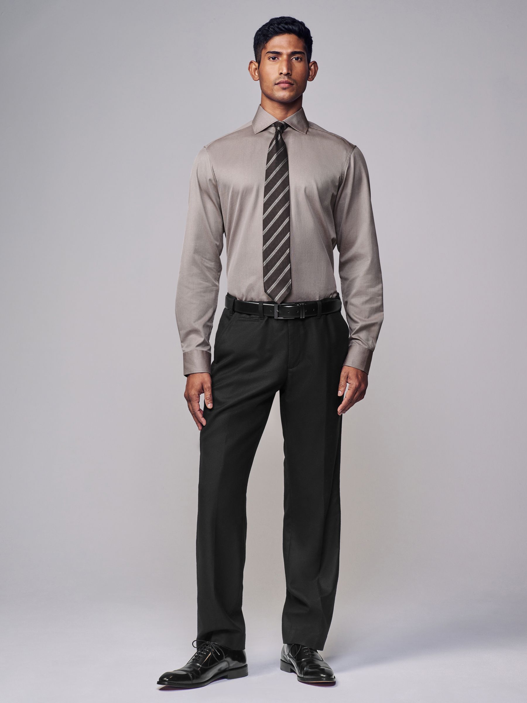 Buy Neutral Brown Slim Fit Signature Single Cuff Texture Pima Cotton ...