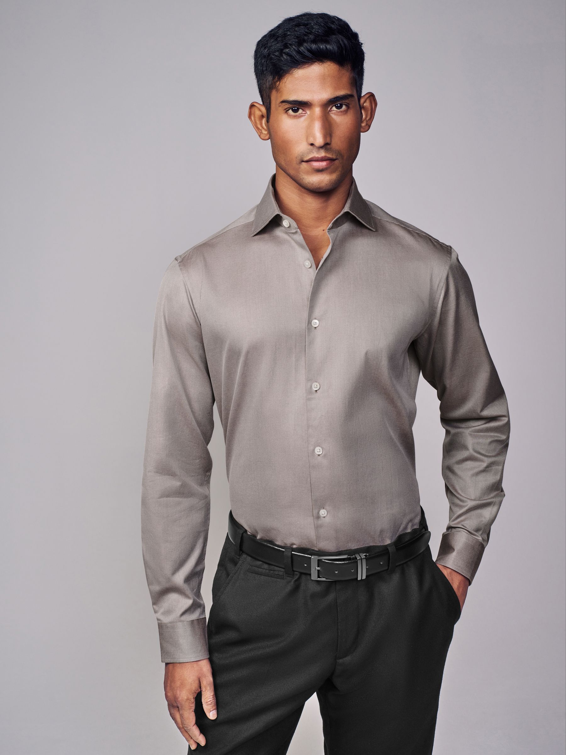 Buy Neutral Brown Slim Fit Signature Single Cuff Texture Pima Cotton ...