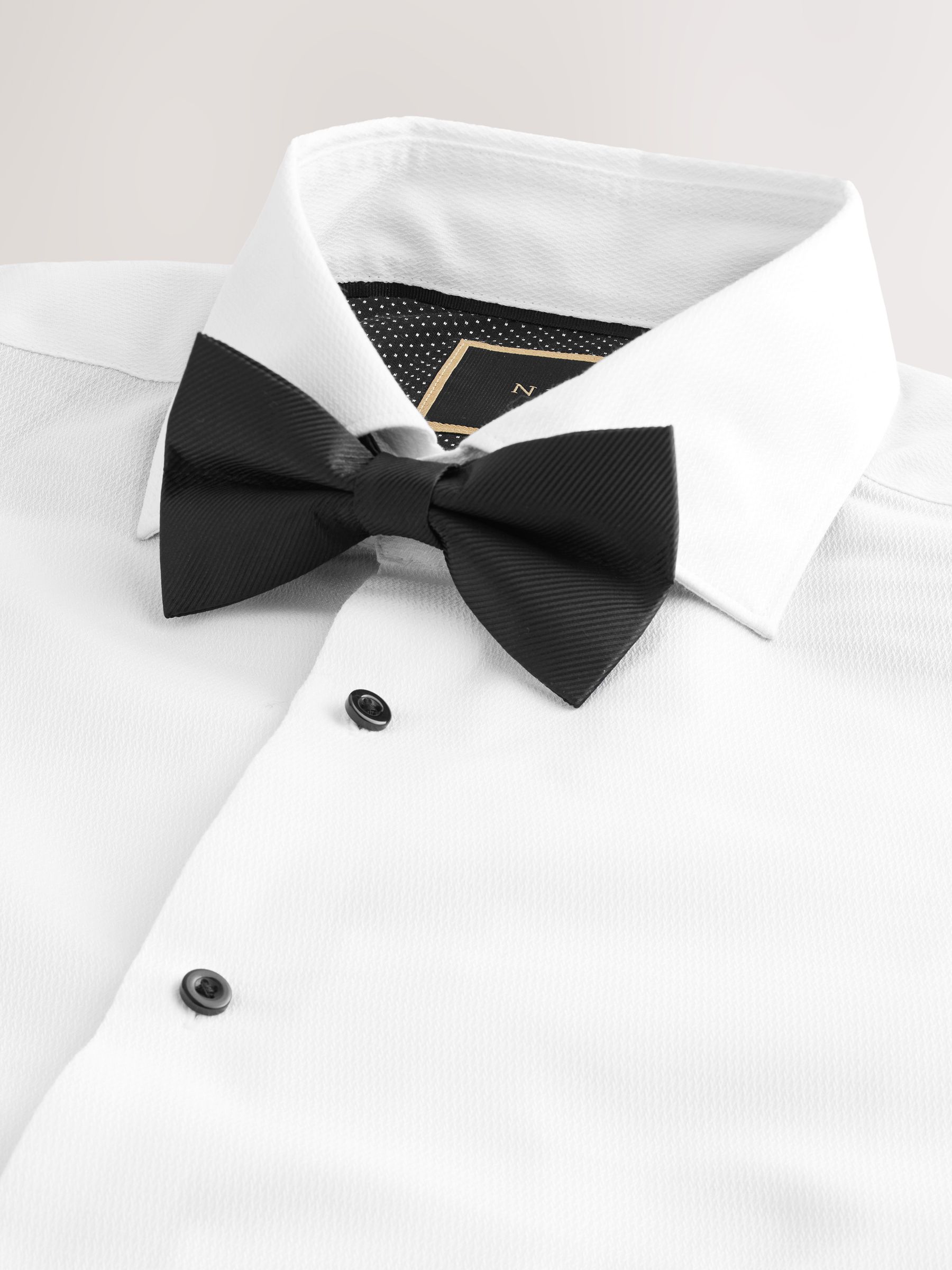 Buy White Textured/Black Bow Tie Regular Fit Single Cuff Shirt And Bow ...